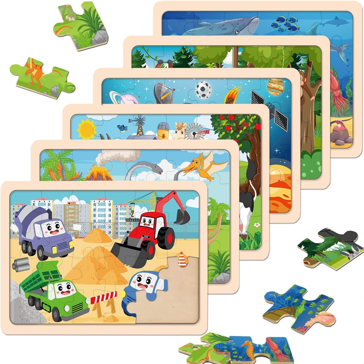 Amazon.com: Wooden Puzzles for Kids Ages 3-5, 6 Packs 24 PCs Jigsaw ...