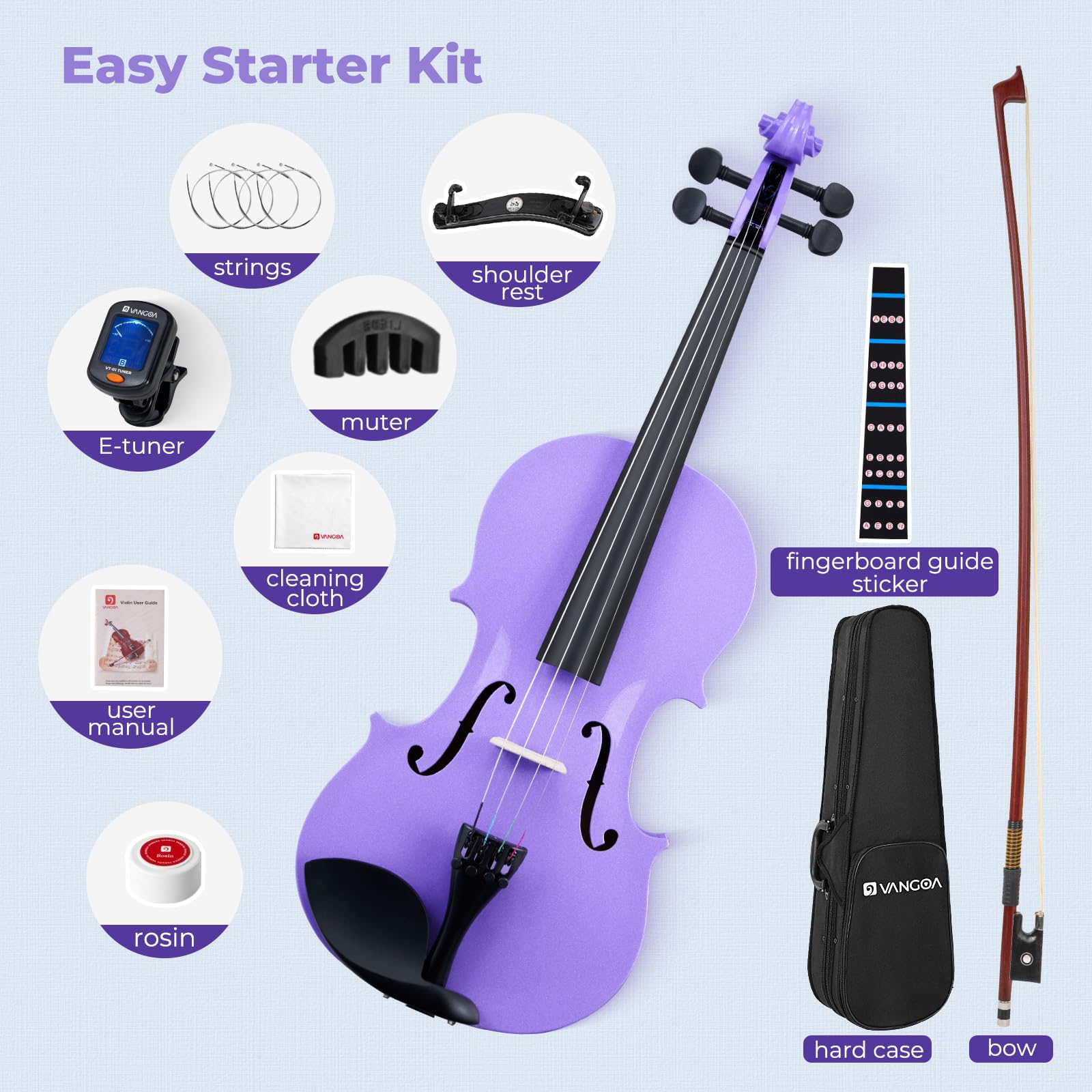 Snapklik.com : Vangoa Purple Violin Full Size For Beginner Fiddle Set ...