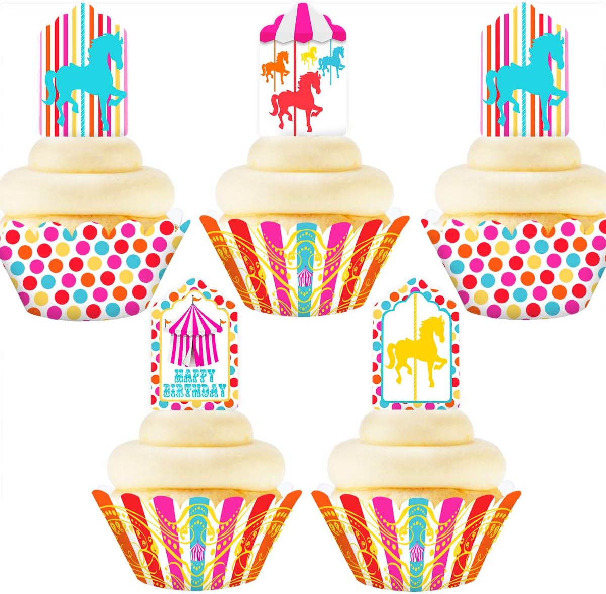 Amazon.com: Carousel Circus Cupcake Toppers and Wrappers - 24 Cupcake ...