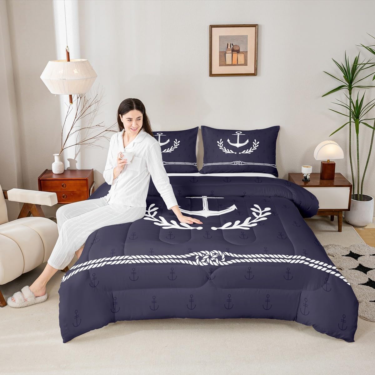 Amazon.com: Anchor Bedding Set Queen Size,White Geometric Abstract Rope ...