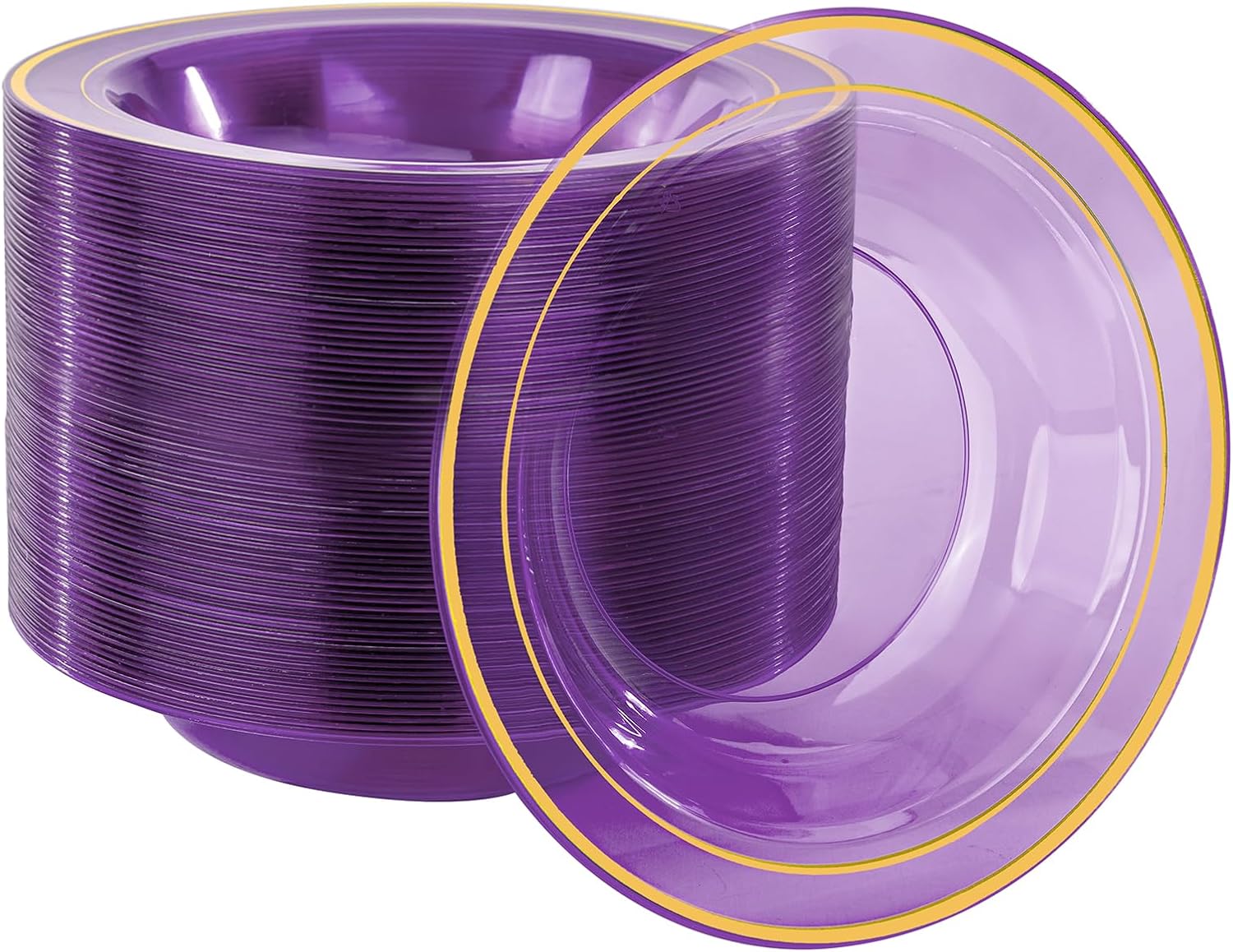 Amazon.com: Nervure 50 Pack Purple Plastic Bowls with Gold Rim - 12oz ...