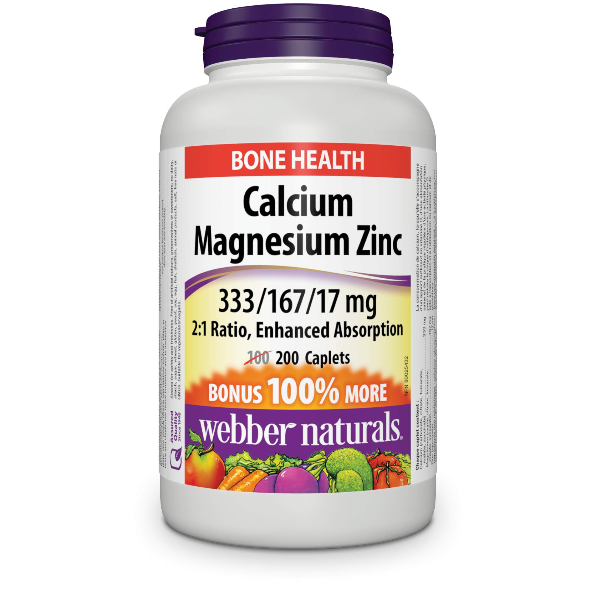 Webber Naturals Calcium with Magnesium and Zinc, 200 Caplets, Enhanced ...