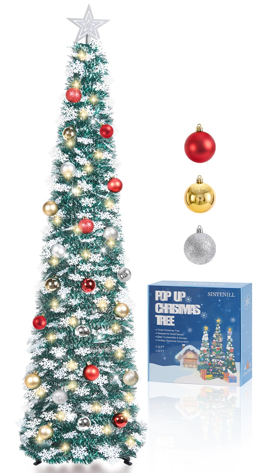 SINTENILL 5 FT Pop Up Christmas Tree with Timer Lights and Decorations ...