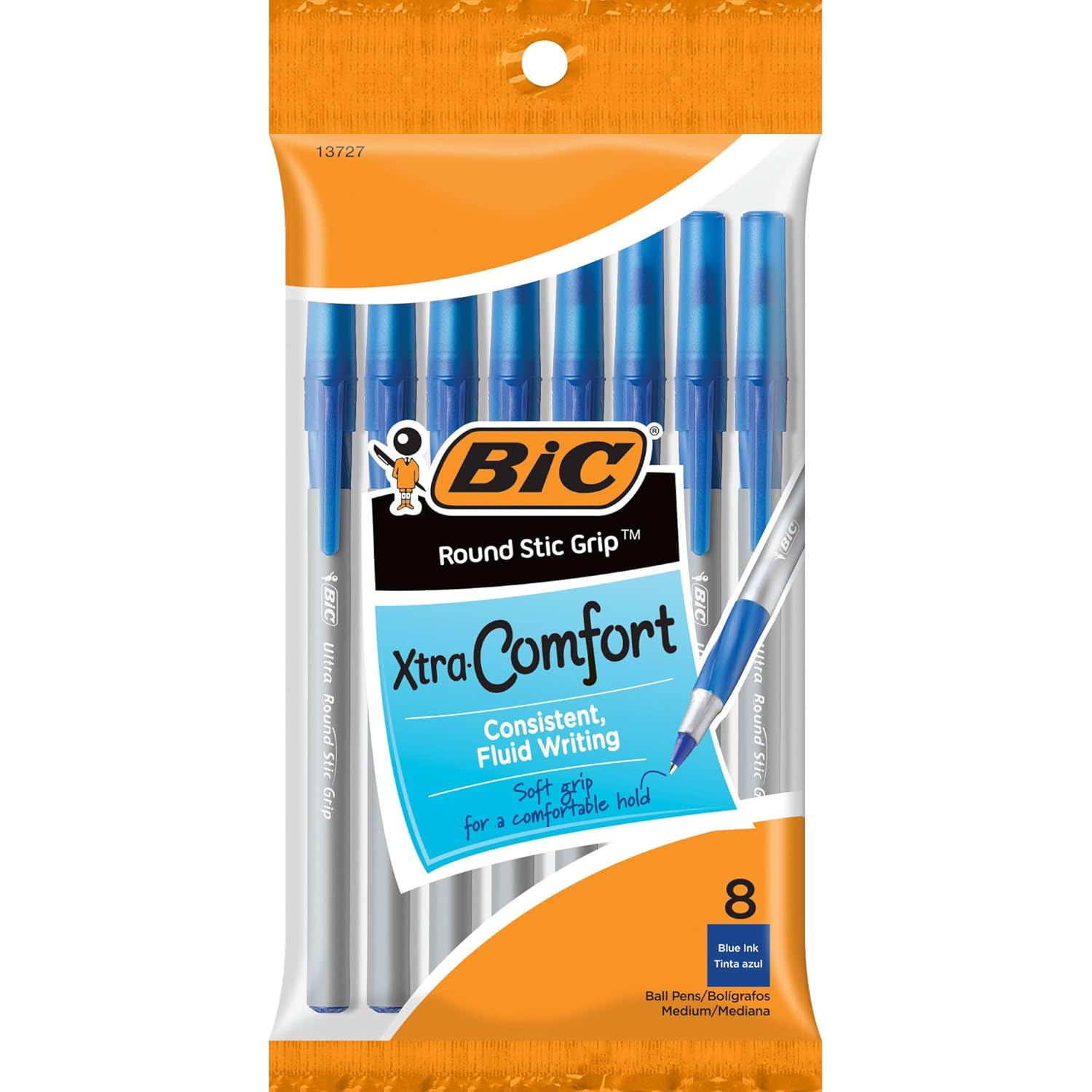 Bic Xtra-Comfort Ultra Round Stic Grip Ball Pen, Medium Point, Blue 8 ...