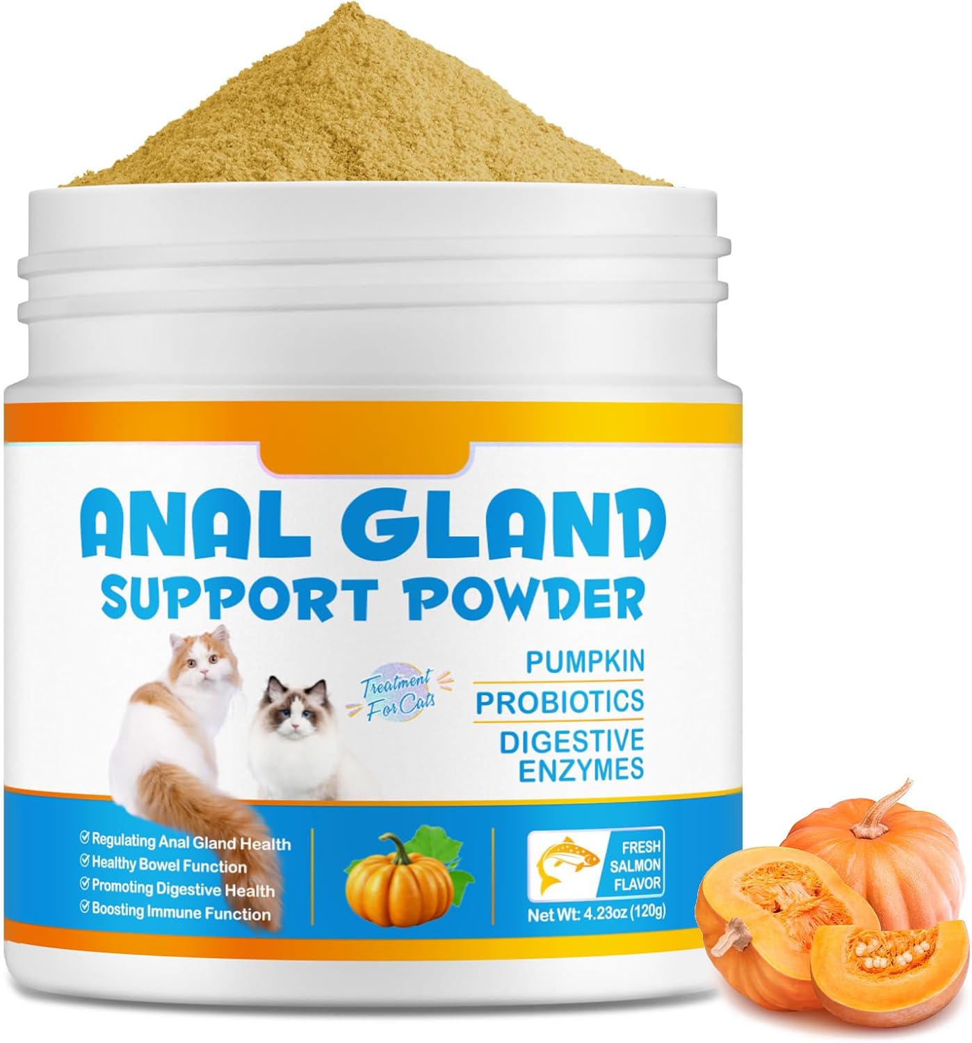Anal Gland Support Powder for Cats, with Pumpkin, Probiotics and Digestive Enzymes, for Bowel ...