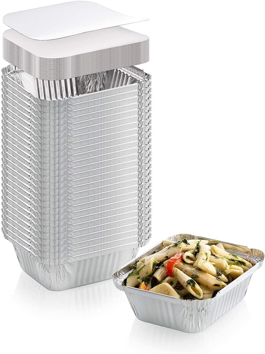 Pack of 50 Aluminium Disposable Foil Food Container with Lids, Reusable ...