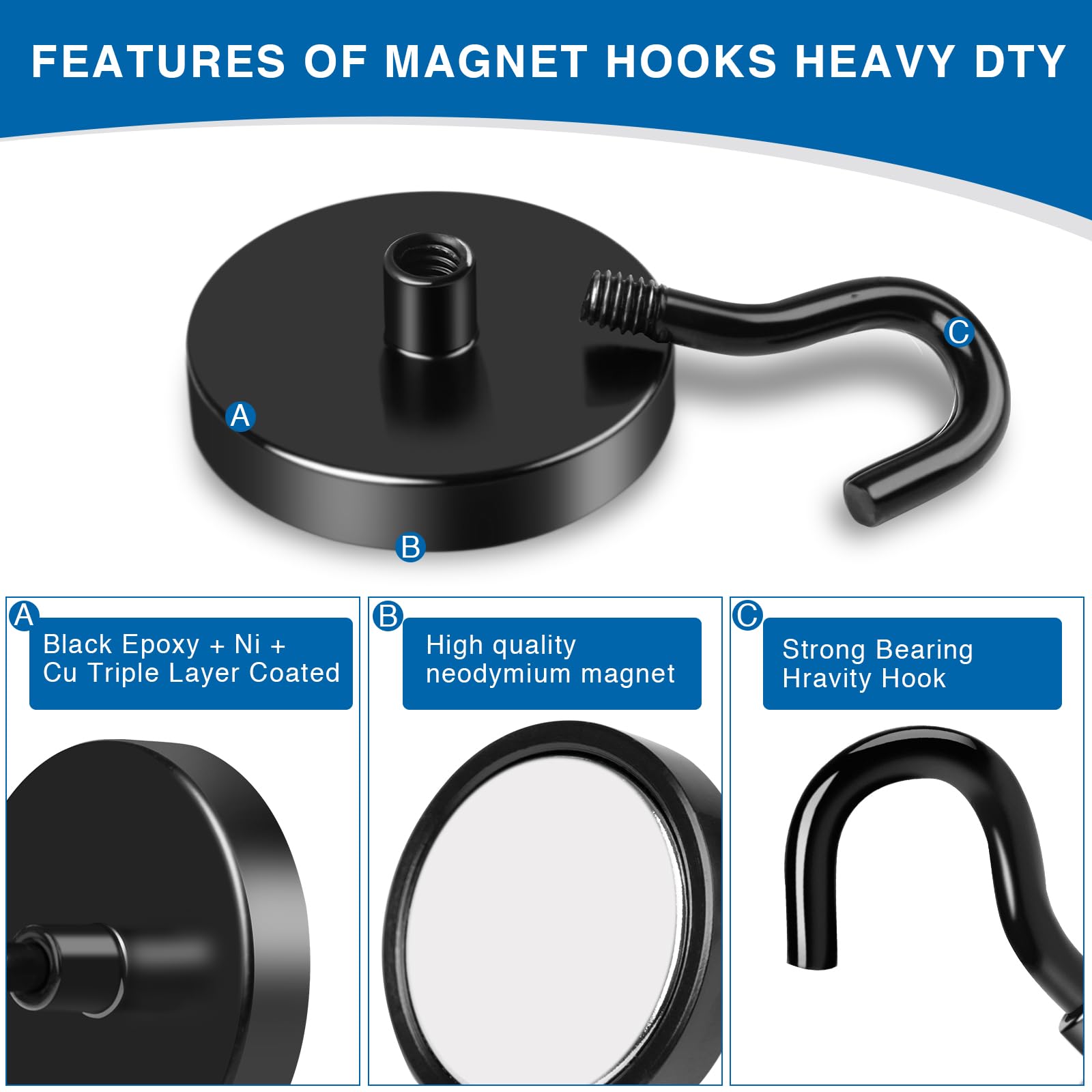 Snapklik.com : Black Magnetic Hooks, 150LBS Magnet Hooks For Hanging ...