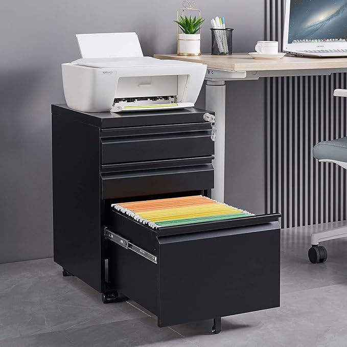 Amazon.com: 3-Drawer Mobile File Cabinets Black File Cabinet Under Desk ...