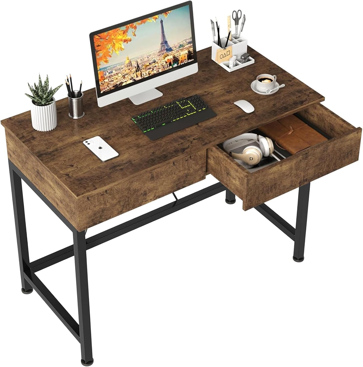 Amazon.com: CAIYUN 40“ Small Desk for Bedroom, Computer Desk with 2 ...