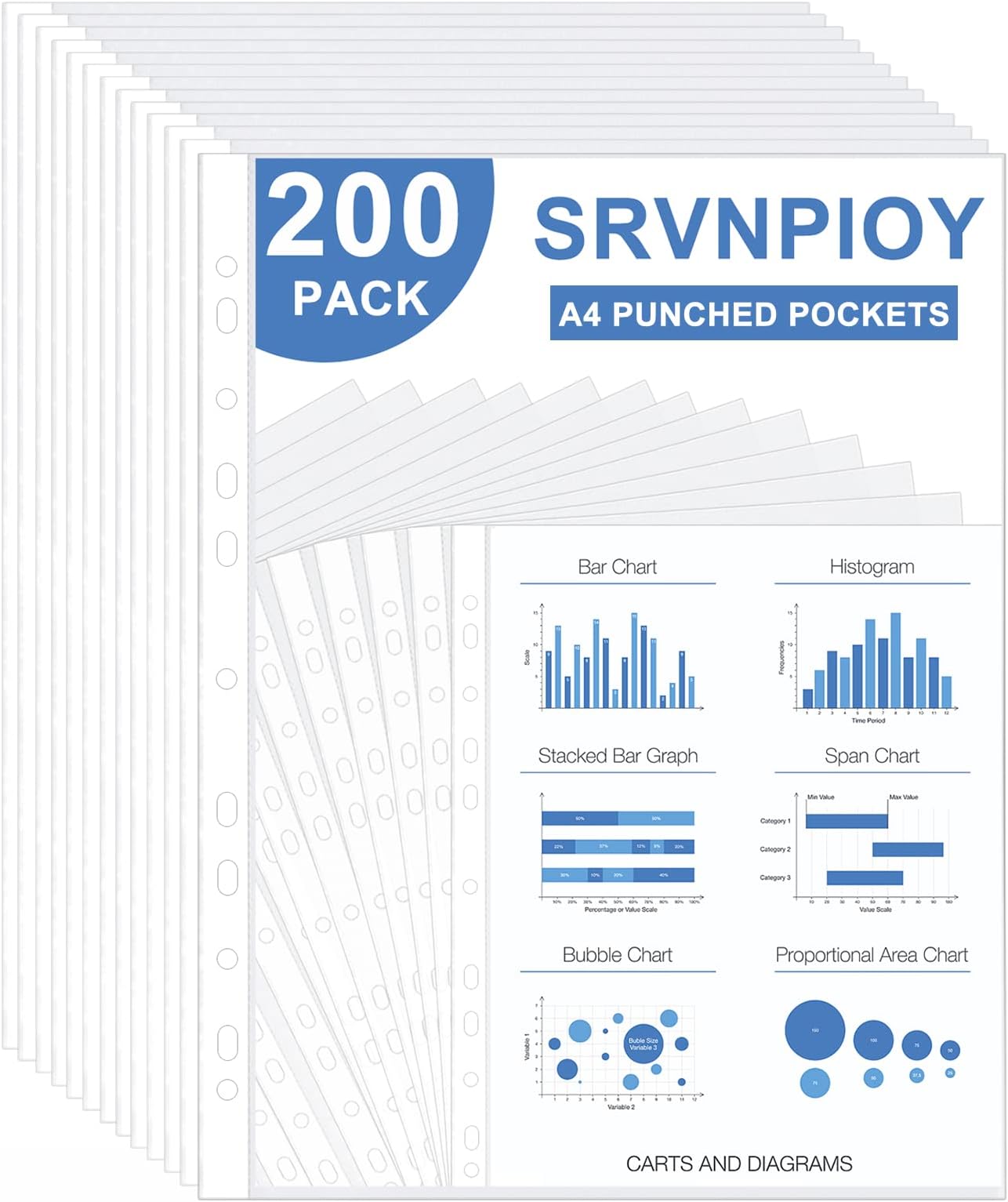 Srvnpioy Punched Pockets A4, 200 Poly Pockets, 40 Micron, Pack of 200 ...