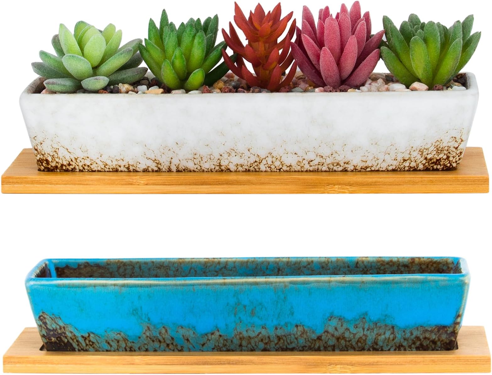 BELLE VOUS White Ceramic Rectangular Succulent Pots with Bamboo Trays ...