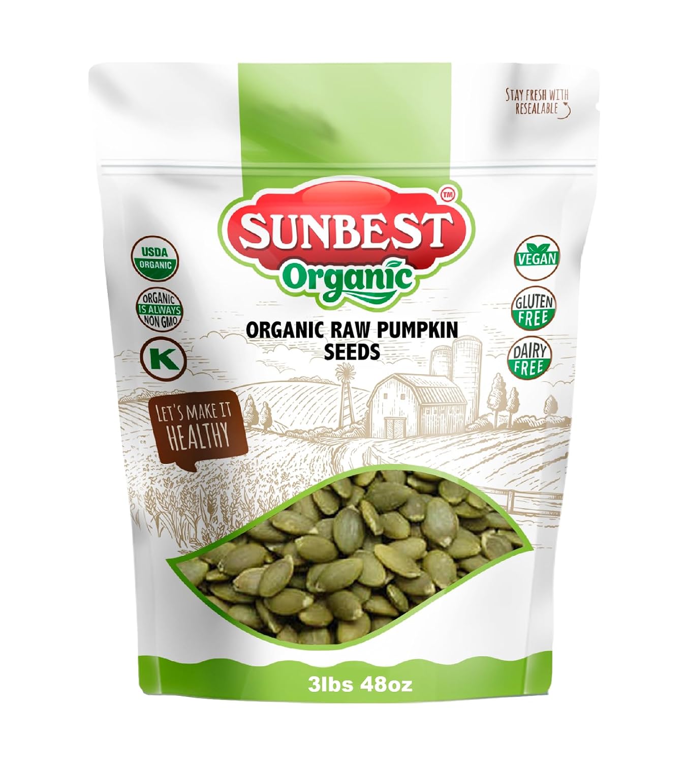 Amazon.com : Sunbest Natural Organic Raw Pumpkin Seeds 48 oz (3 lb Bulk ...