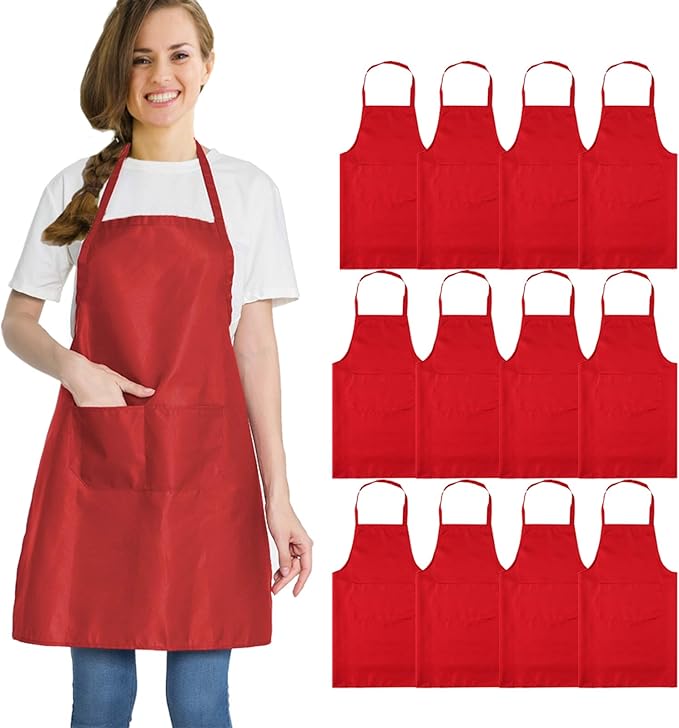 Amazon.com: multifuns 12 Pack Red Aprons for Women Men with 2 Pockets ...