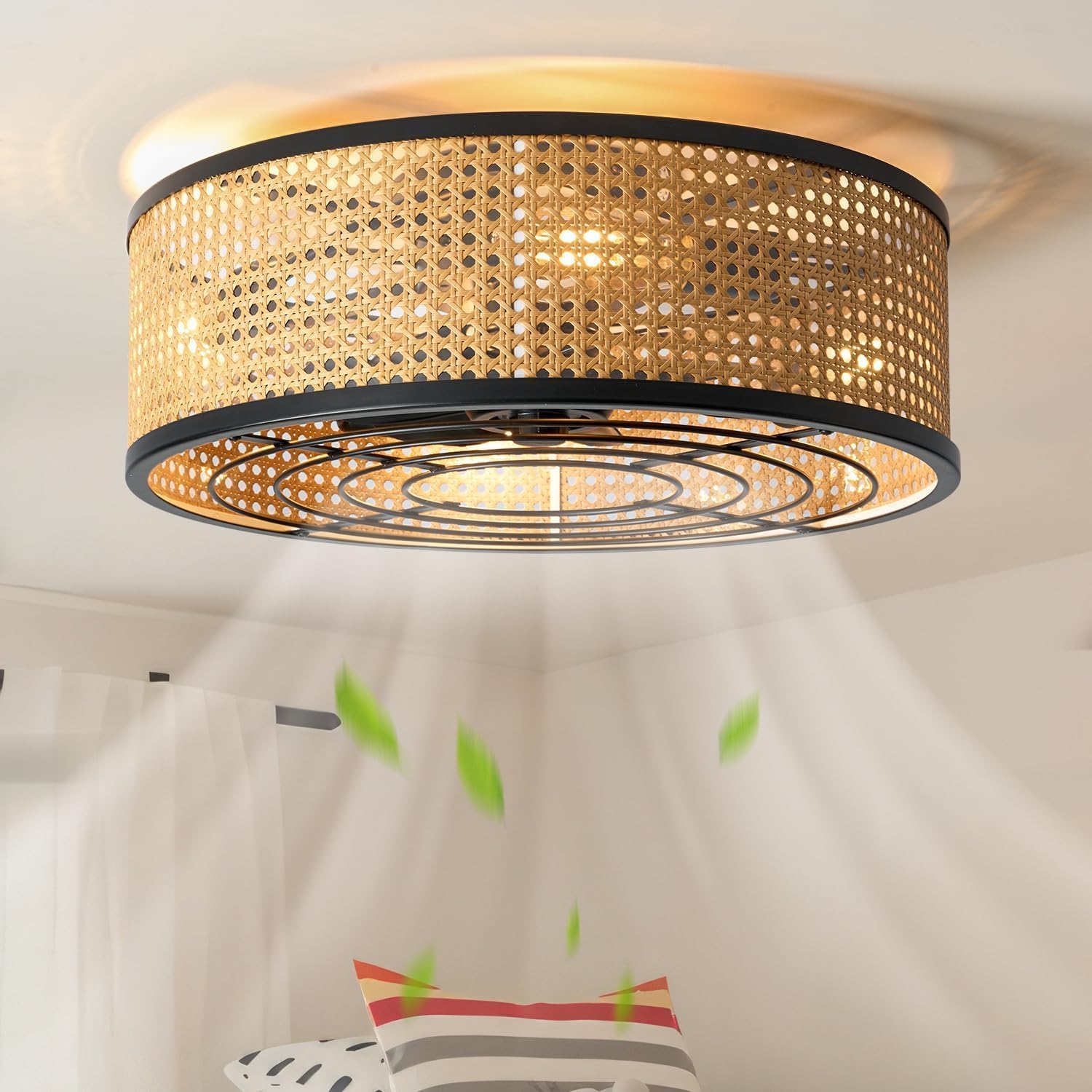 youngrender Boho Rattan Caged Ceiling Fan with Light Flush Mount, 20 ...