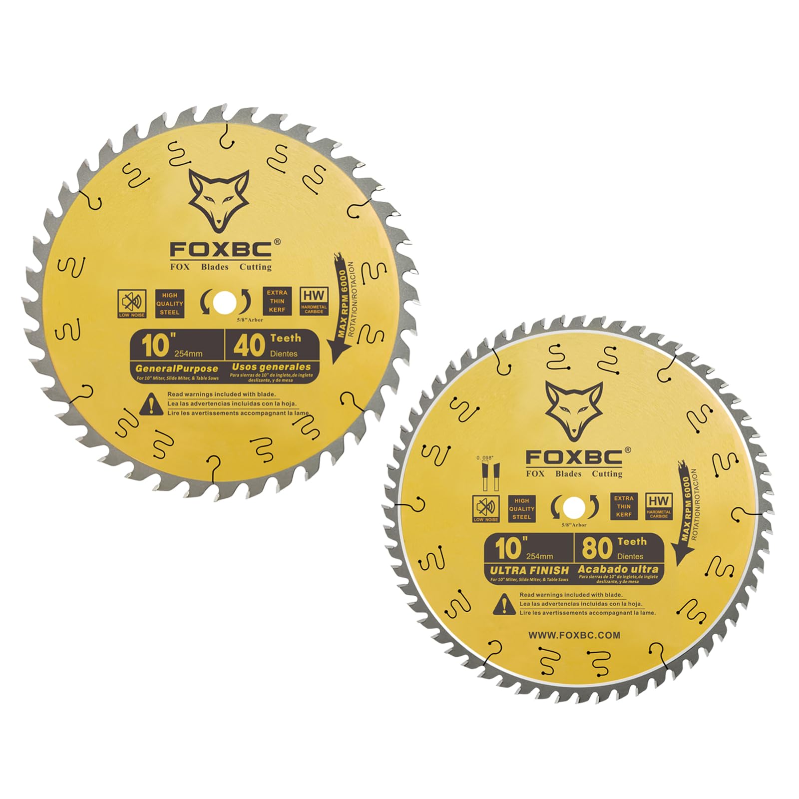 FOXBC 10-Inch Table Saw Blade 40 Tooth, 80 Tooth for Wood Cutting, 5/8 ...