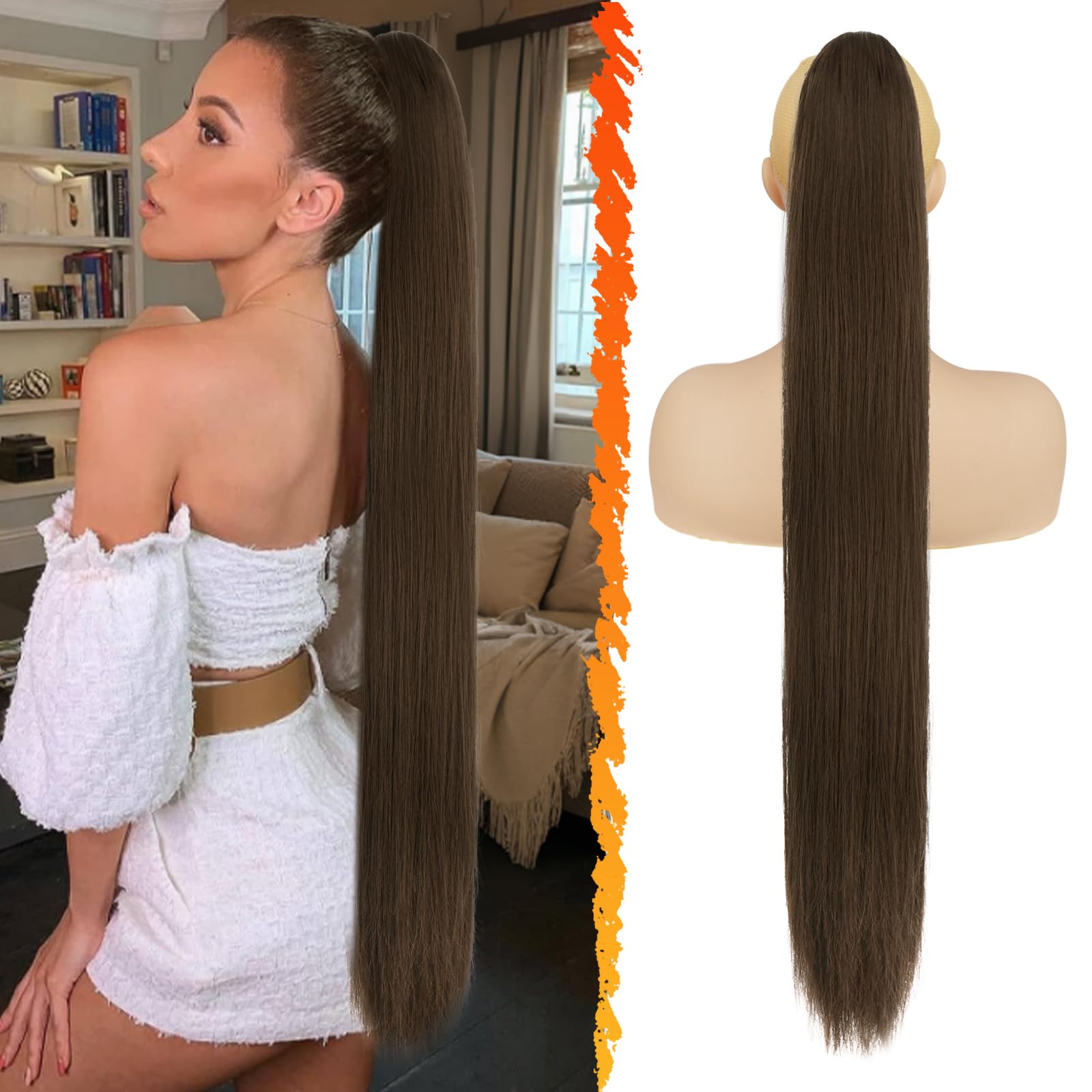 Amazon.com : BARSDAR Long Straight Ponytail Extension - 34 Inch ...