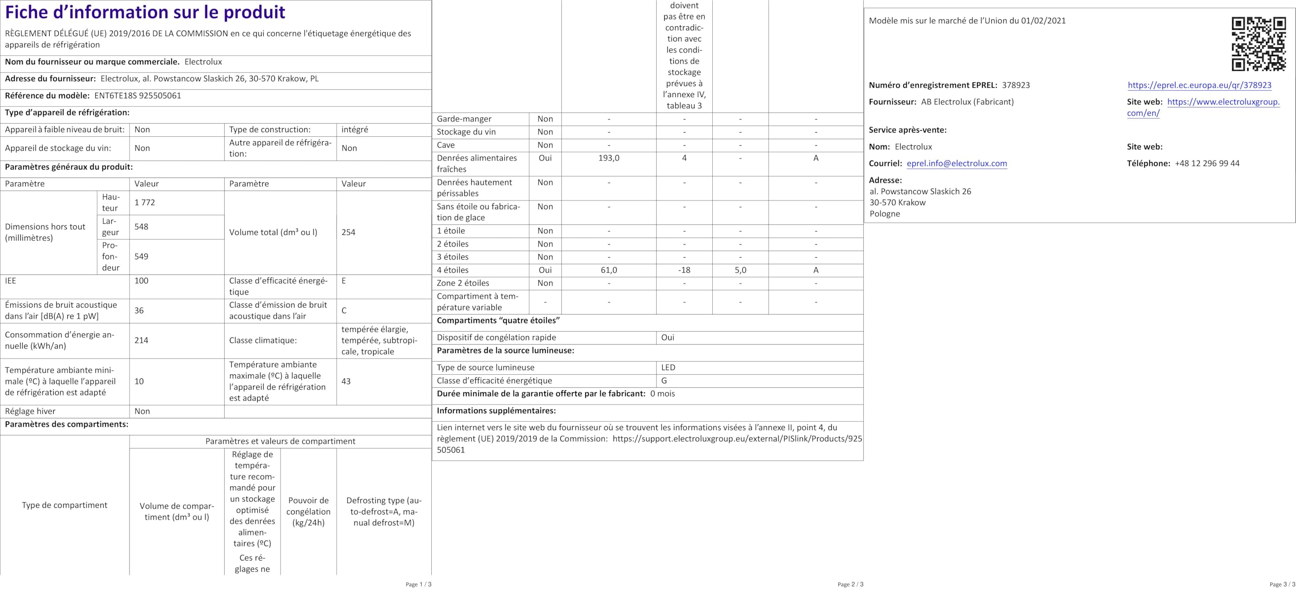 Electrolux ENT6TE18S Réfrigérateur combiné par Intégré Total No Frost ...