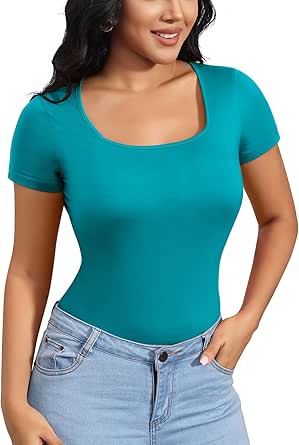 Sherosa Womens T Shirts Square Neck Short Sleeve Shirts Slim Fit Cute Basic Summer Tops at ...