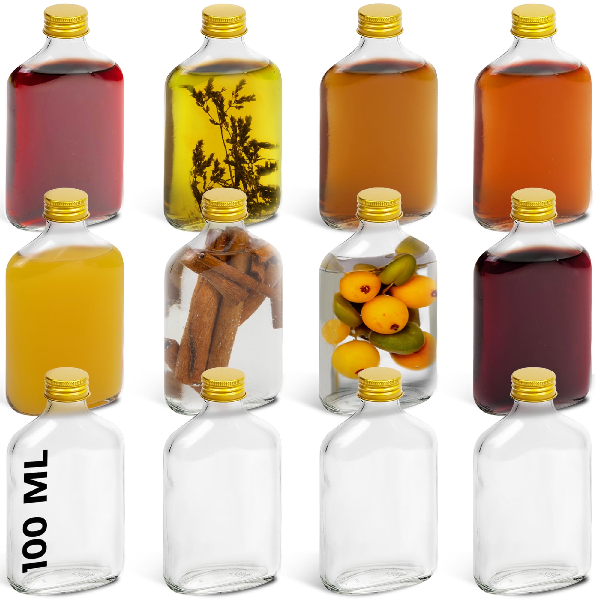 HEFTMAN Flask Small Glass Bottles - 12 Pack 100ml Empty Glass Bottles ...