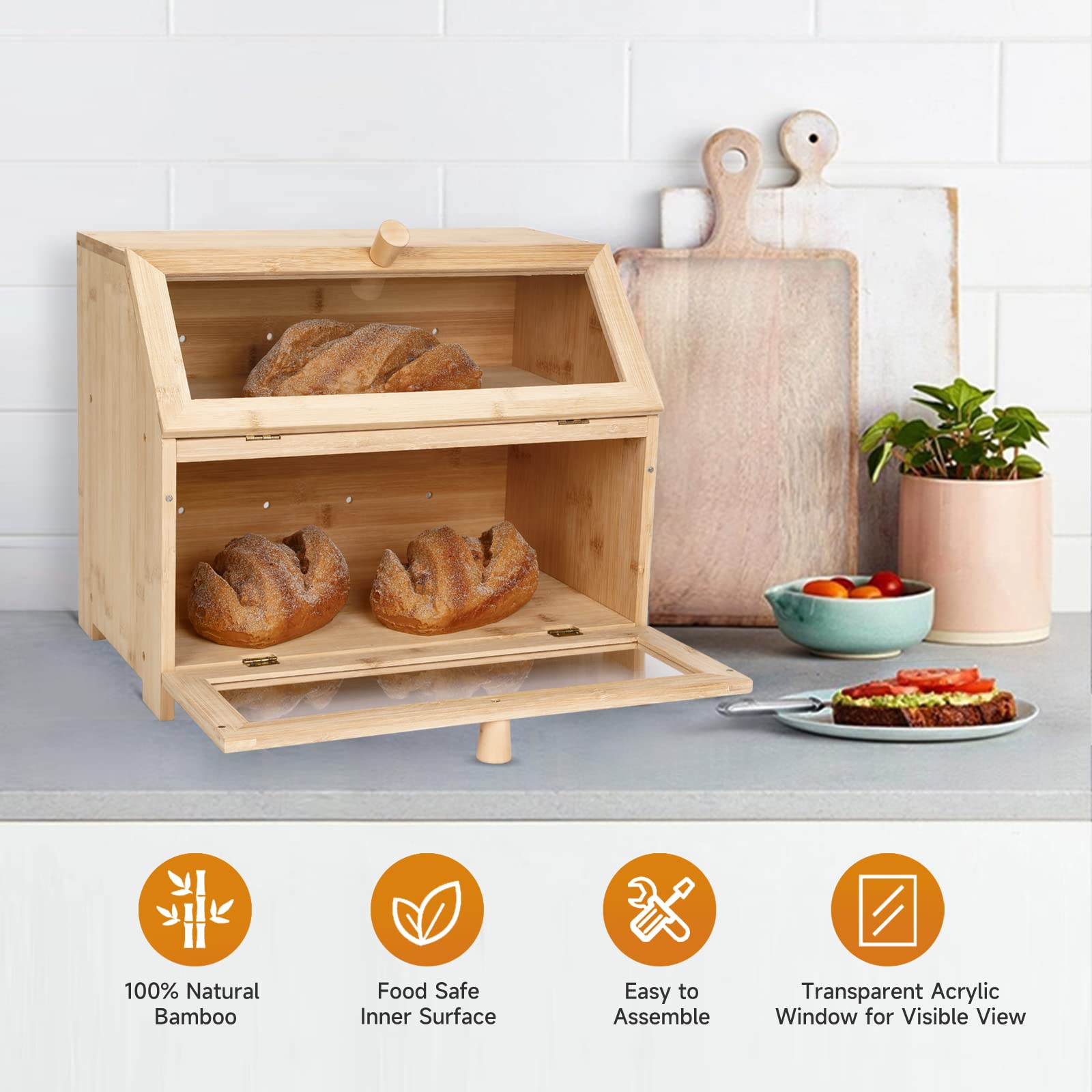 HAPOO Bread Box for Kitchen Countertop Large Bamboo Bread Box Double ...