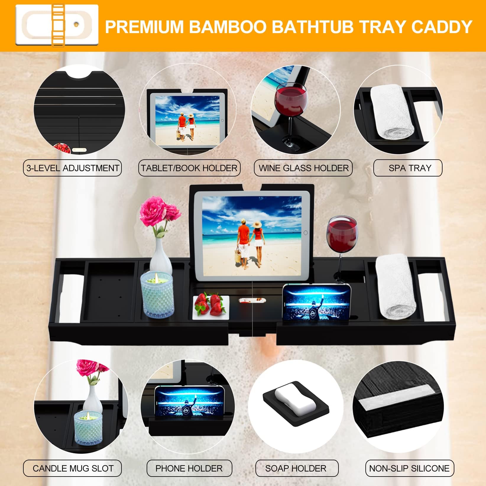 Snapklik.com : Premium Bathtub Tray Caddy - Expandable Bath Caddy Tray ...
