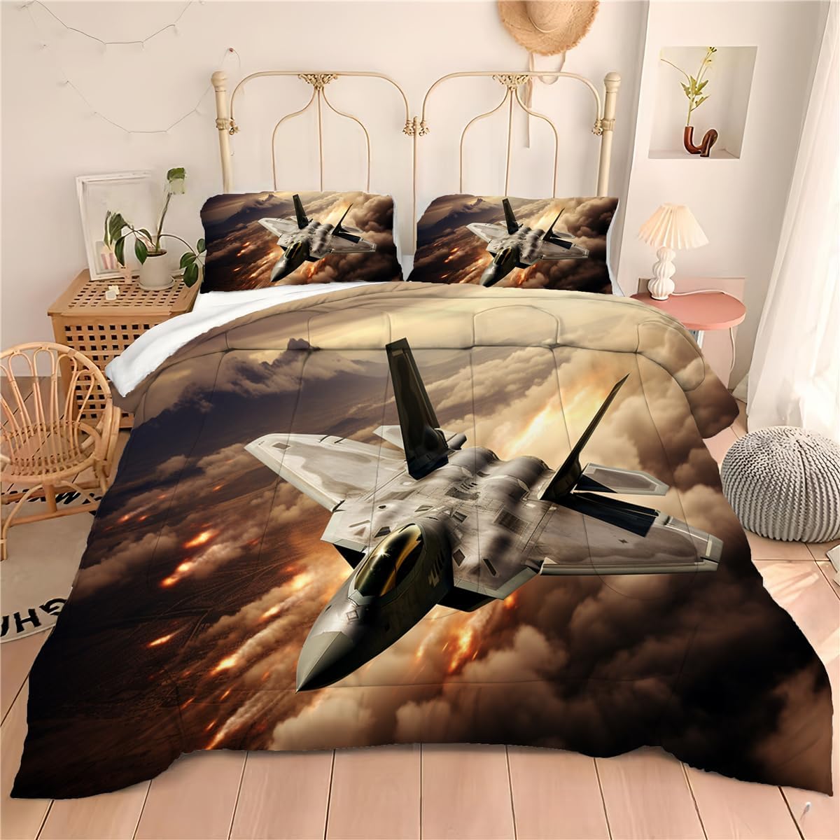 Amazon.com: Fighter Aircraft Comforter Set Kids F-22 Flying in The Sky ...
