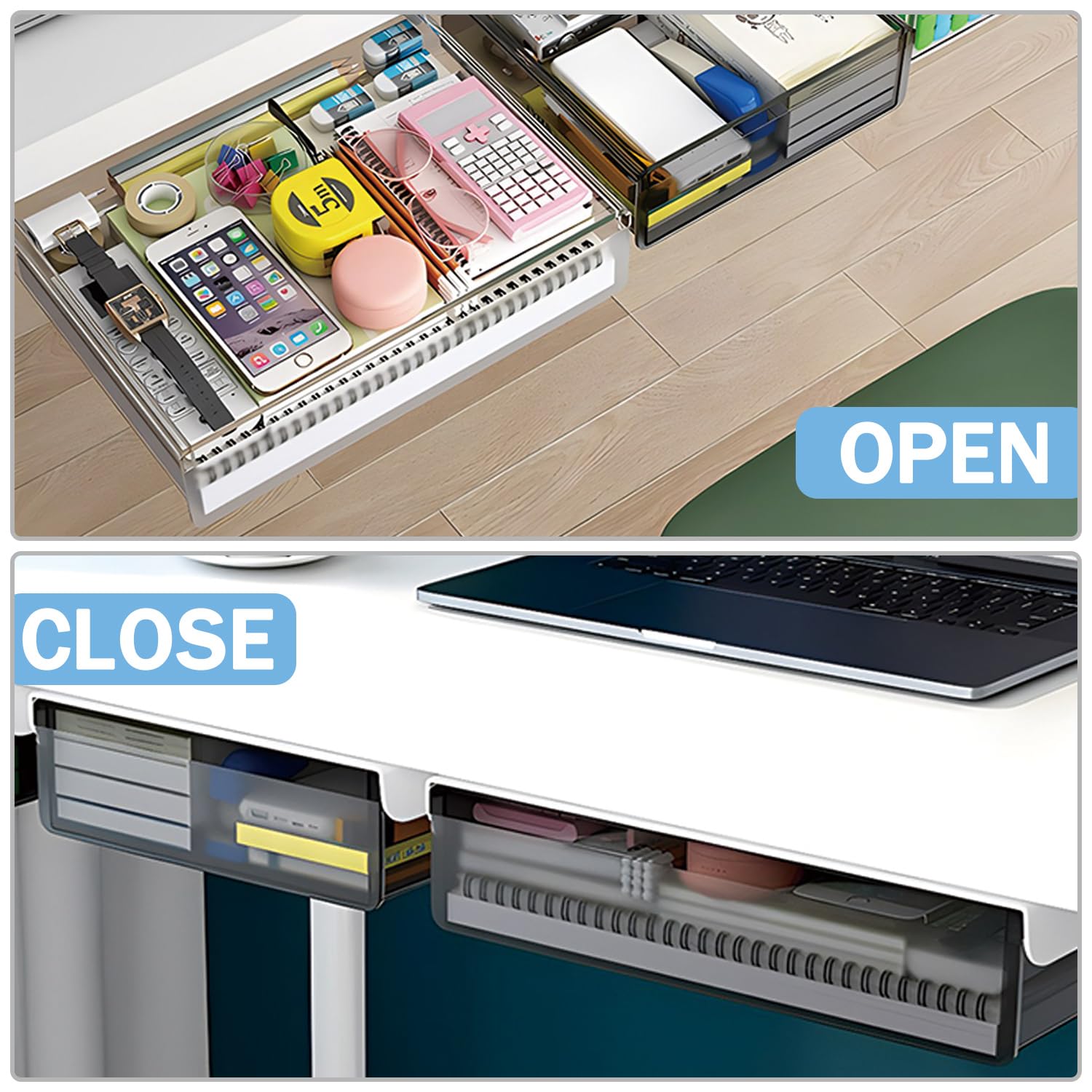 Black Drawers Under er, 2 Pack Attachable Under Desk Storage, Self ...