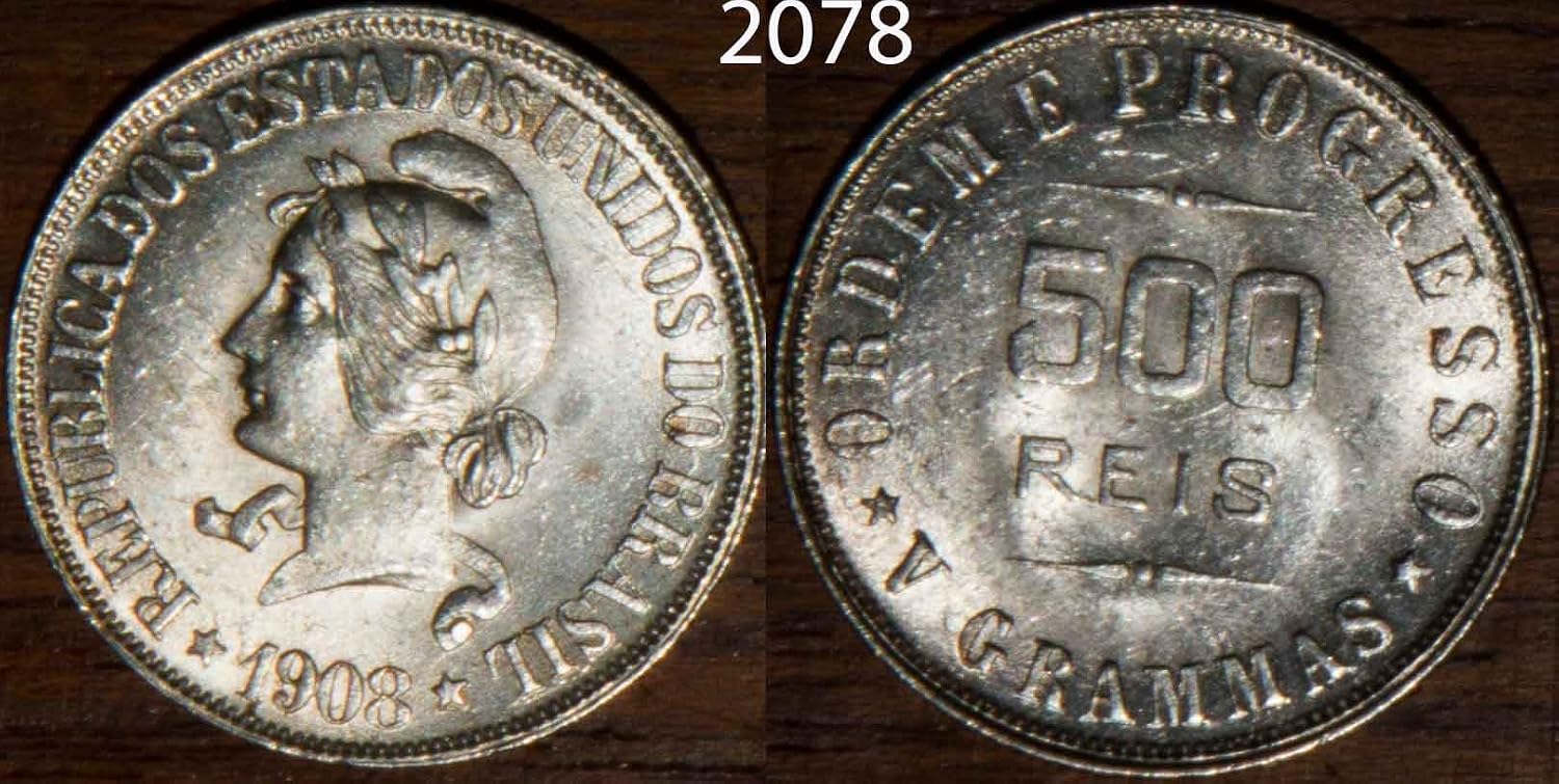 1908 - 1908 Brazil 500 Reis KM#506 10 centavos Seller AU Uncirculated ...