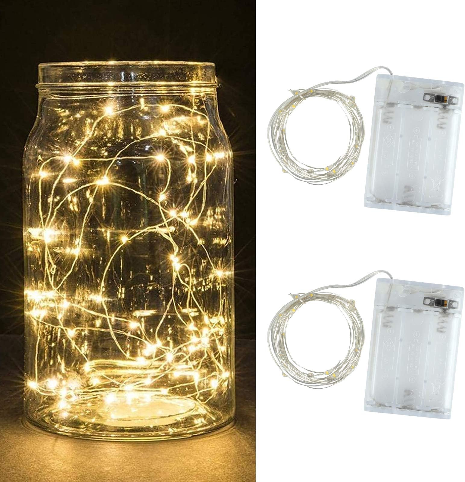 2 Pack Battery Fairy Lights, 5M 50 LEDs Battery Powered Silver Wire ...