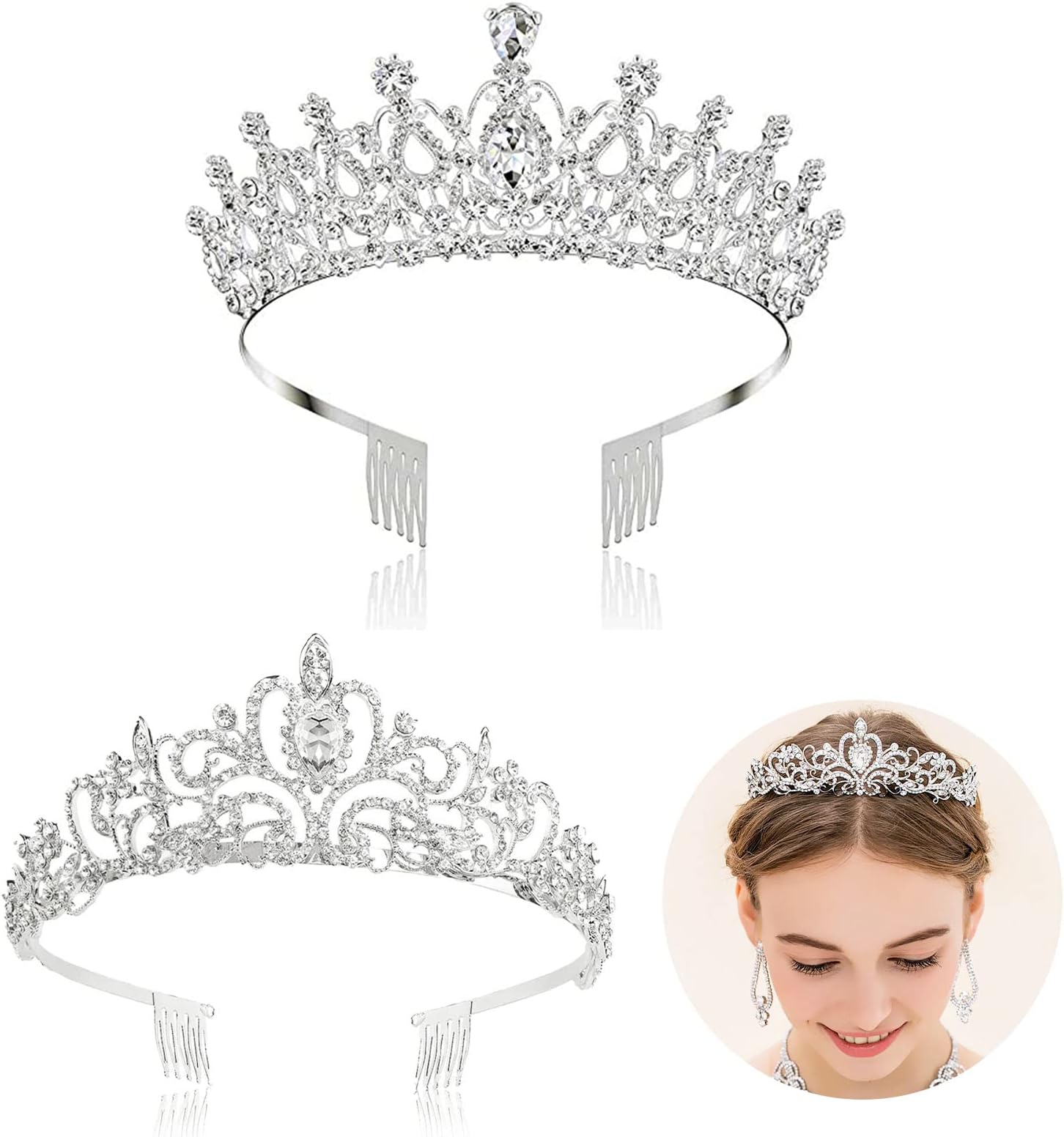 HTDYK 2PCS Princess Crown for Women, Crystal Tiaras for Girls, Silver ...