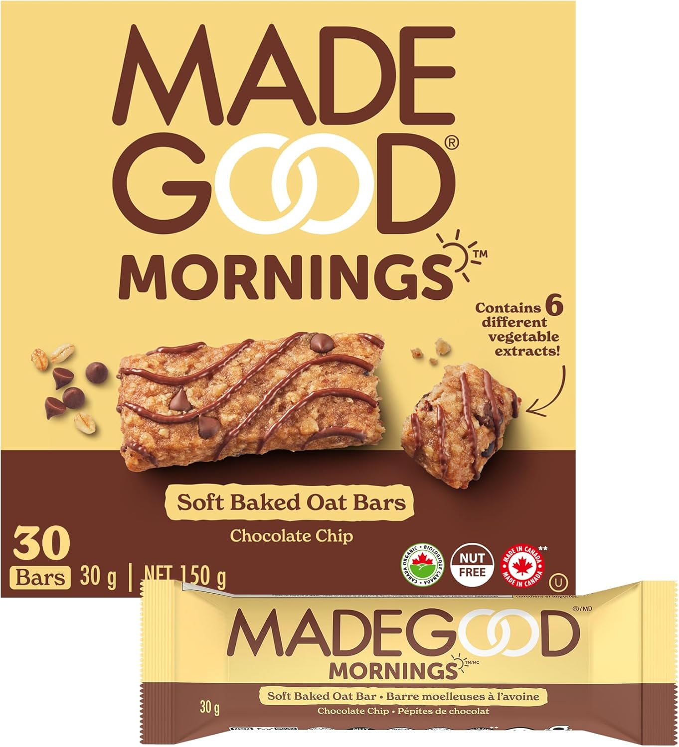 MadeGood Mornings Soft Baked Breakfast Bars, Chocolate Chip, 30g (30 ...