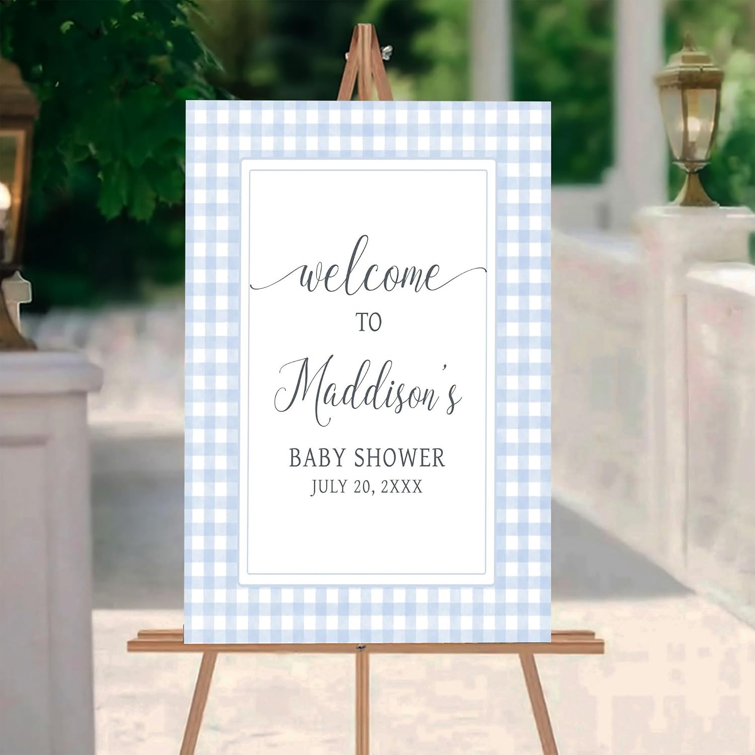Amazon.com: Personalized Blue Gingham Baby Shower Welcome Sign, Boy ...