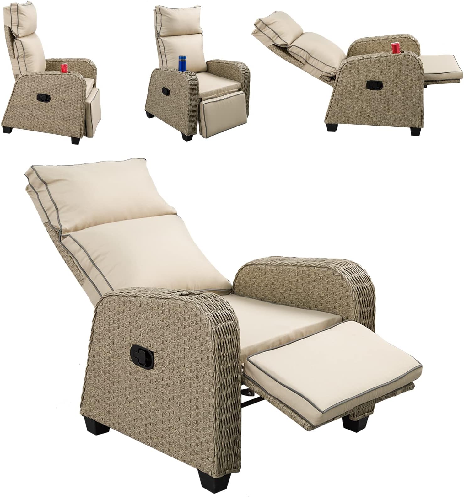 Chusstang Patio Rattan Recliner, Outdoor Rattan Lounger Sofa with Soft ...