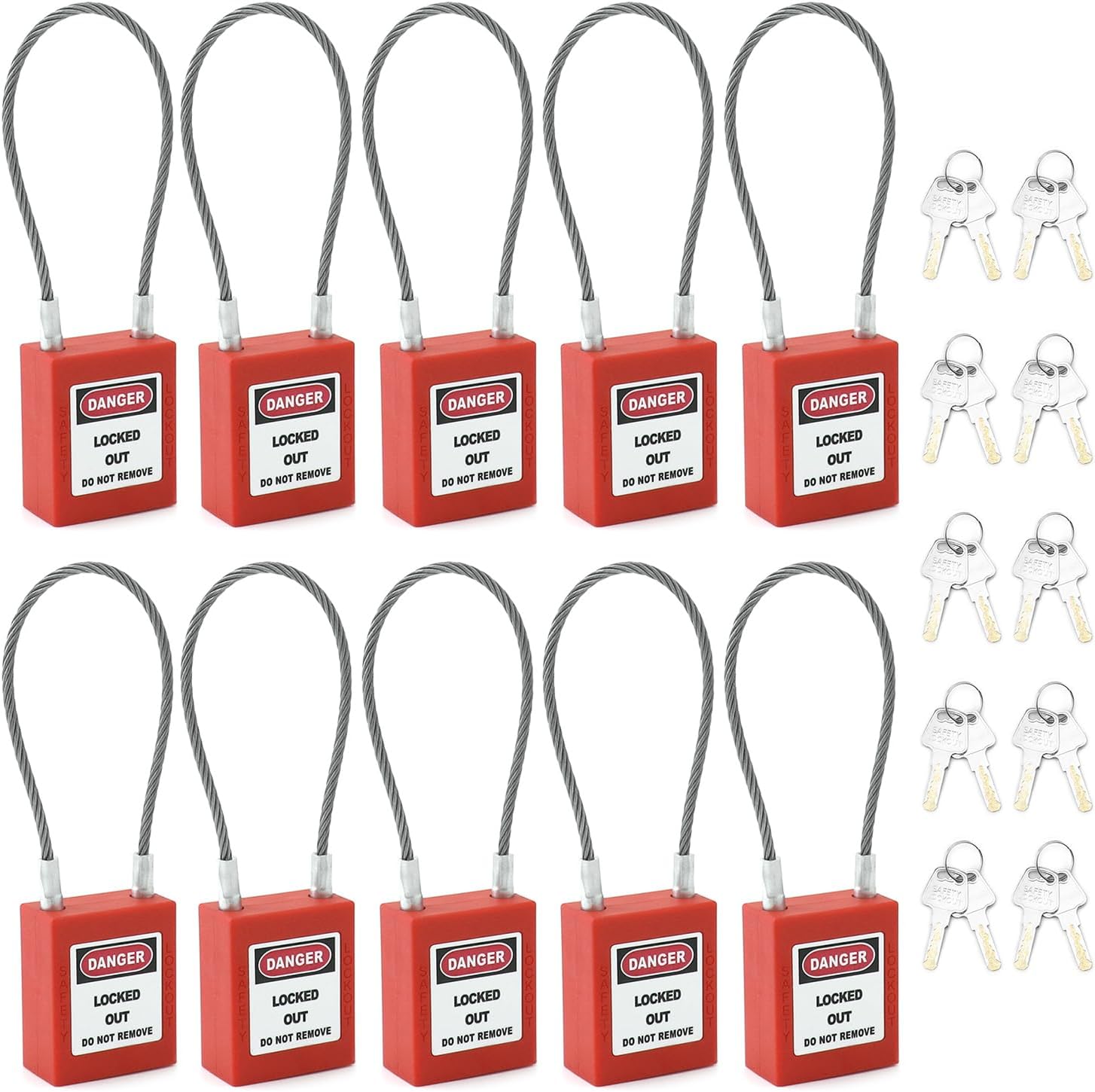 QWORK Lockout Tagout Steel Cable Locks, 10 Pack Compact Cable Padlock ...