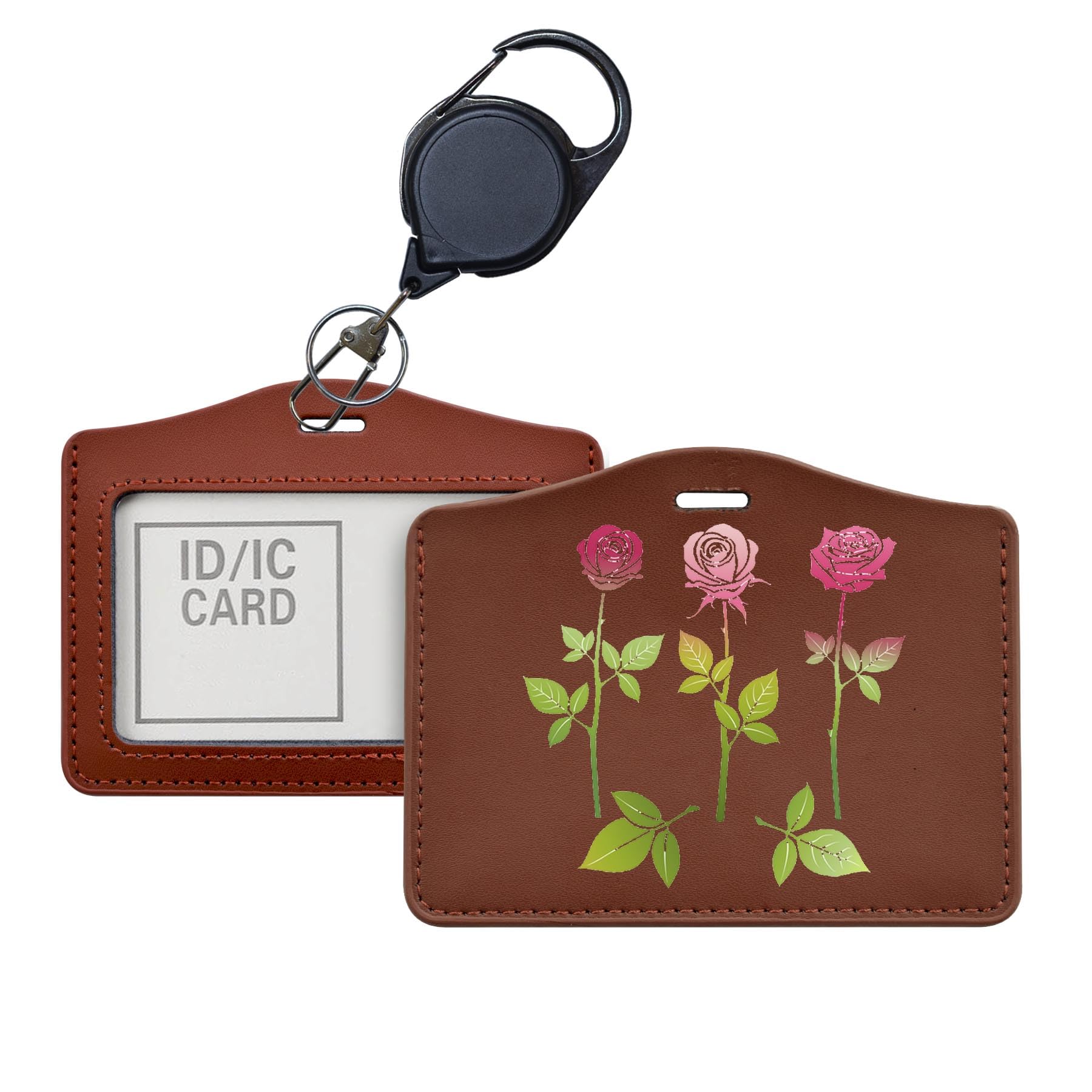 Amazon.co.jp: パスケース リールキーホルダー付 ブラウン 定期入れ IC IDカード入れ 横型 紛失防止 70cm伸びる 社員証入れ 通学 通勤 passcase バラ 花 ...