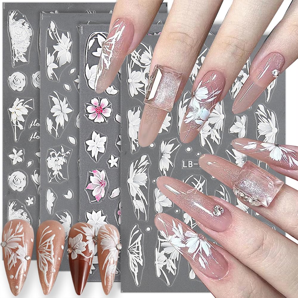Amazon.com: 5D Embossed Flowers Nail Art Stickers Floral Nail Decals ...