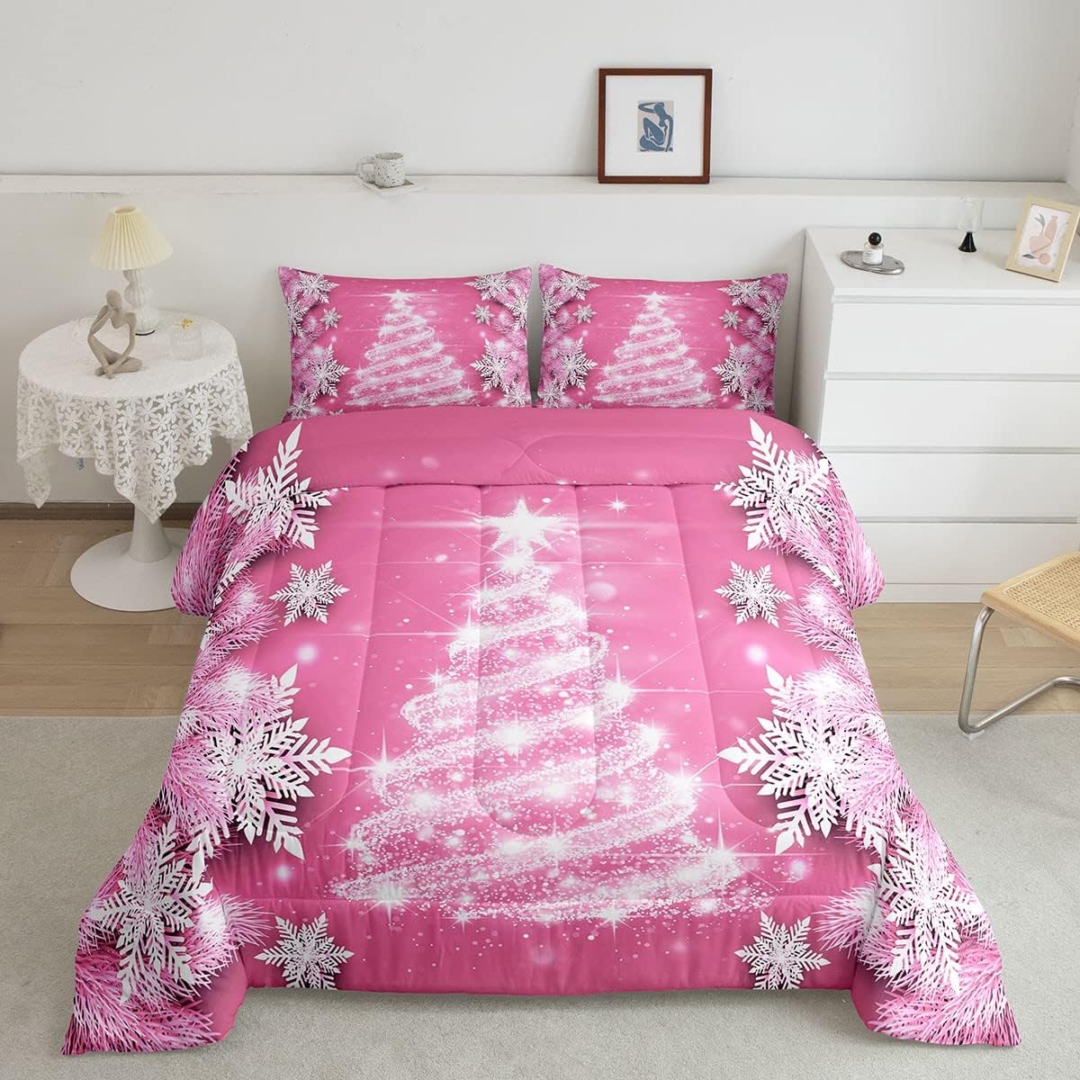 Amazon.com: Feelyou Christmas Tree Bedding Set Girls Pink Xmas Snowflake Comforter Set Women ...
