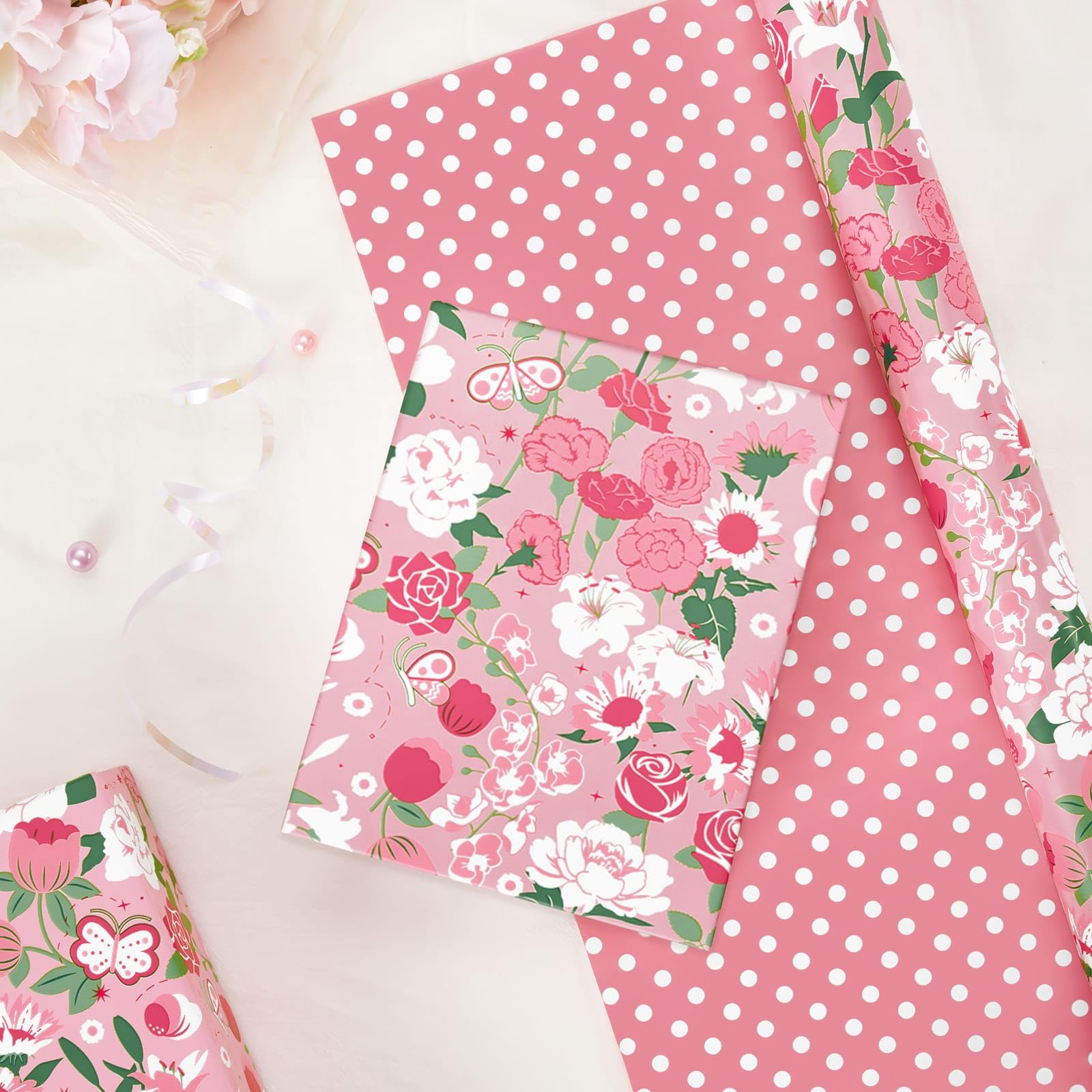 Snapklik.com : Pink Flower Wrapping Paper - 1 Roll 17”x 33 Ft Pink Rose ...