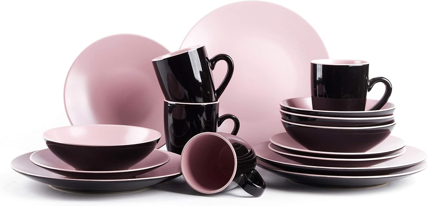 Amazon.com | HomeVss Stoneware Two-Tone Colors Life 16pc Dinner Set ...