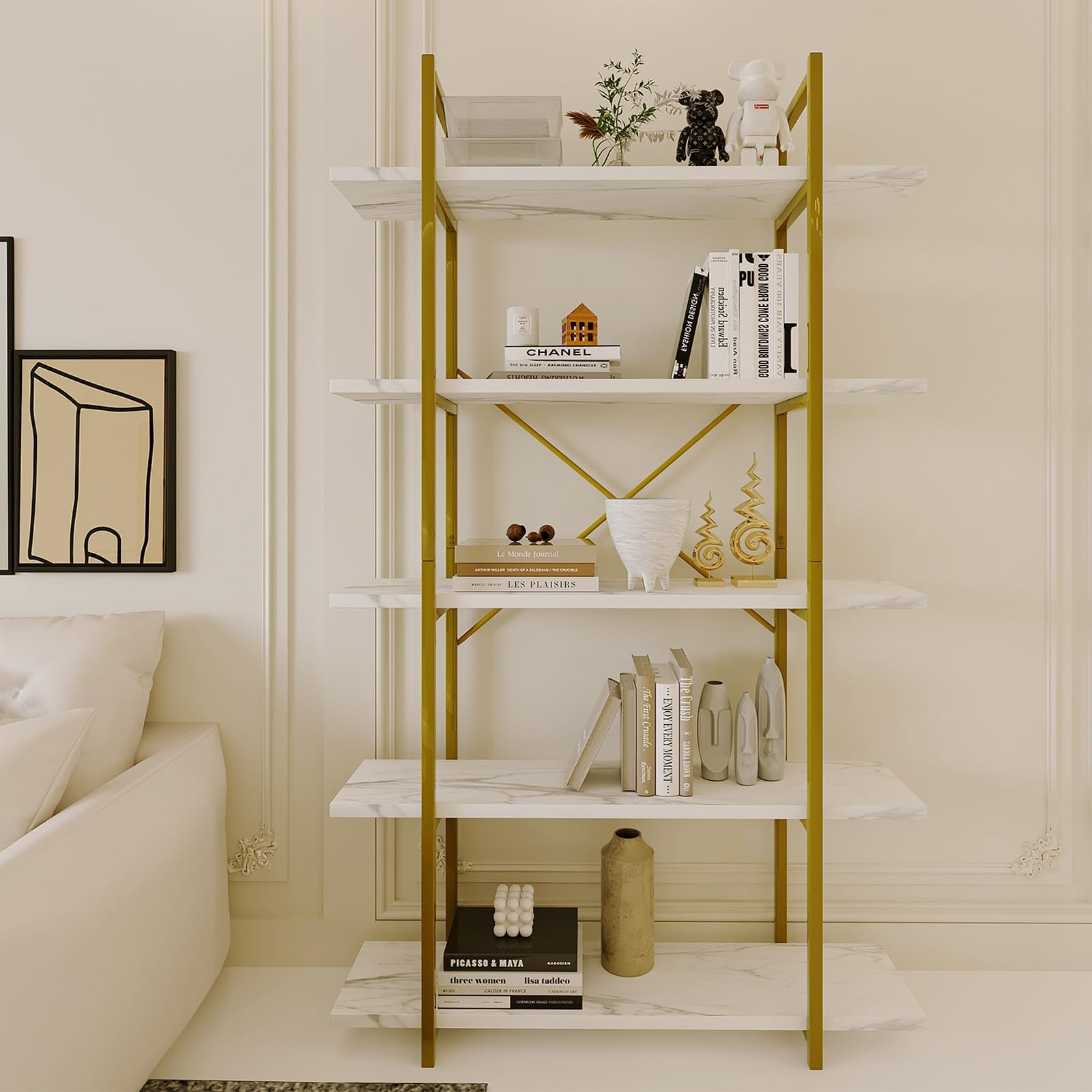 Amazon.com: MAIKAILUN 5 Tier 67inch Gold Bookshelf, White and Gold ...