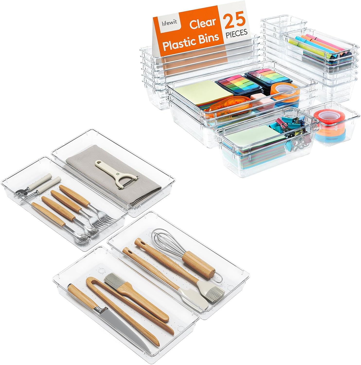 Amazon.com: Lifewit 25 PCS Drawer Organizer Set Clear Plastic Desk ...