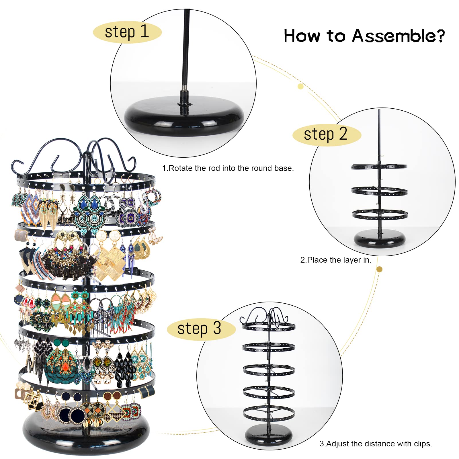 LASZOLA 5 Tiers 360° Rotating Earring Holder Organizer, 220 Holes Metal ...