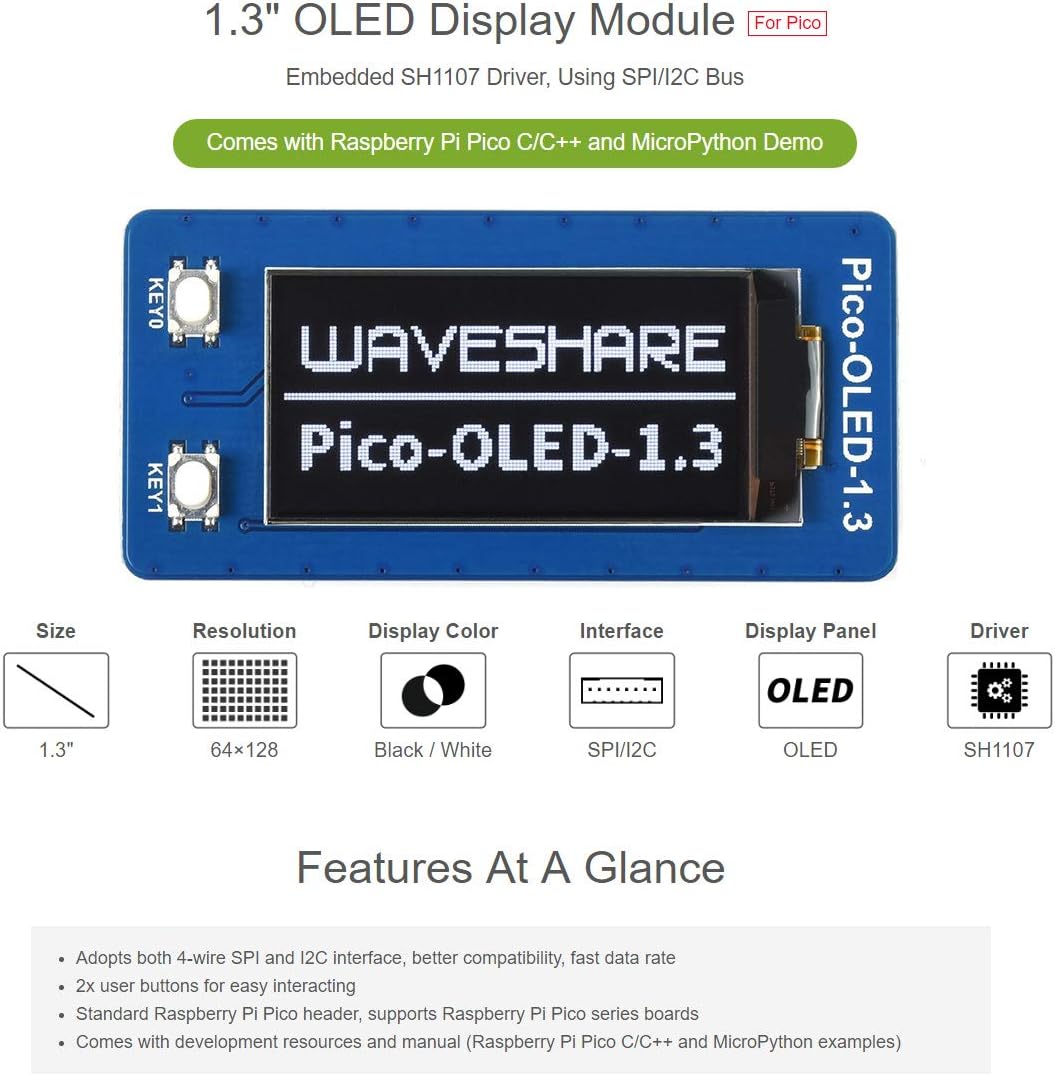 Waveshare 1.3inch OLED Display Module for Raspberry Pi Pico 64×128 Pixels with SPI/I2C Interface ...