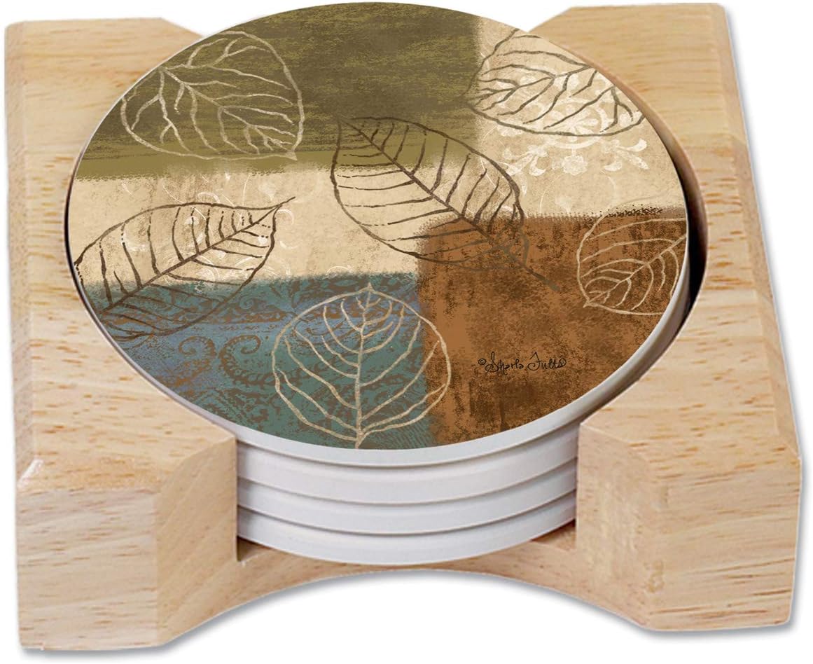 Amazon.com | CounterArt Leaf Collage Design Round Absorbent Coasters in ...
