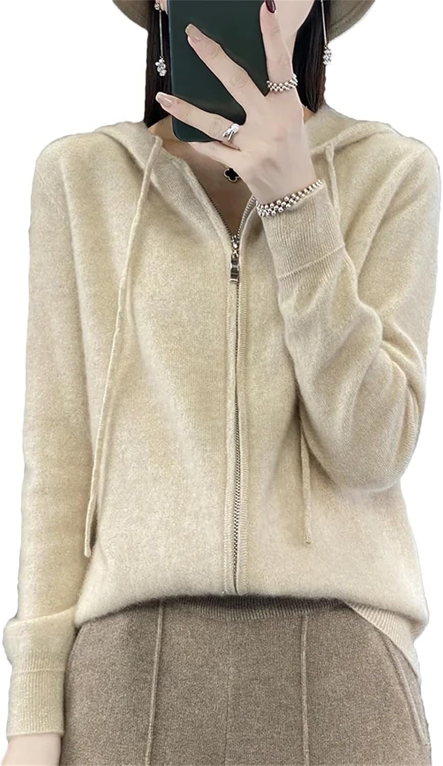 Generic Women Fashion Hoodie Zipper Cardigan Merino Wool Sweater Long ...