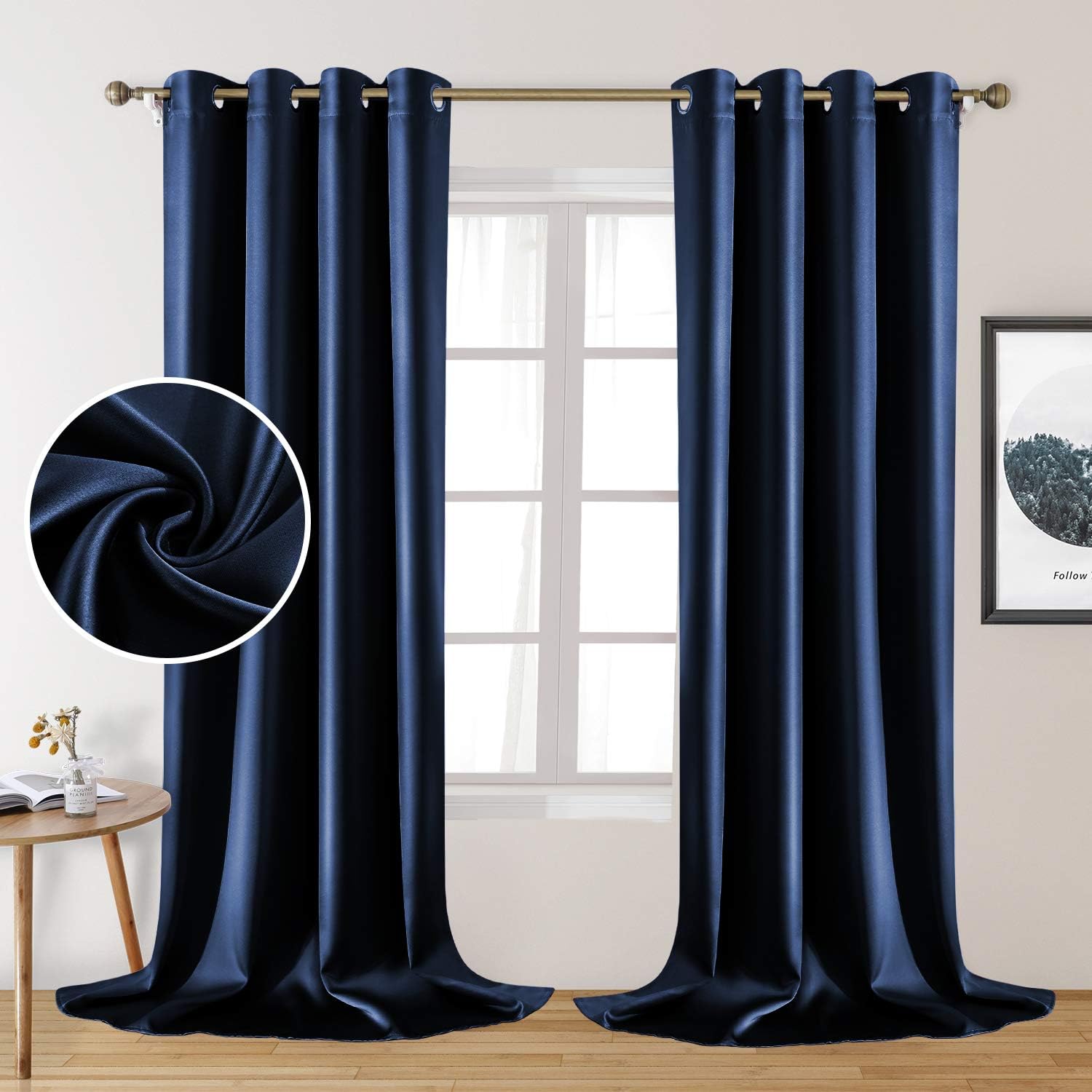Amazon HOMEIDEAS 2 Panels Faux Silk Curtains Navy Blackout