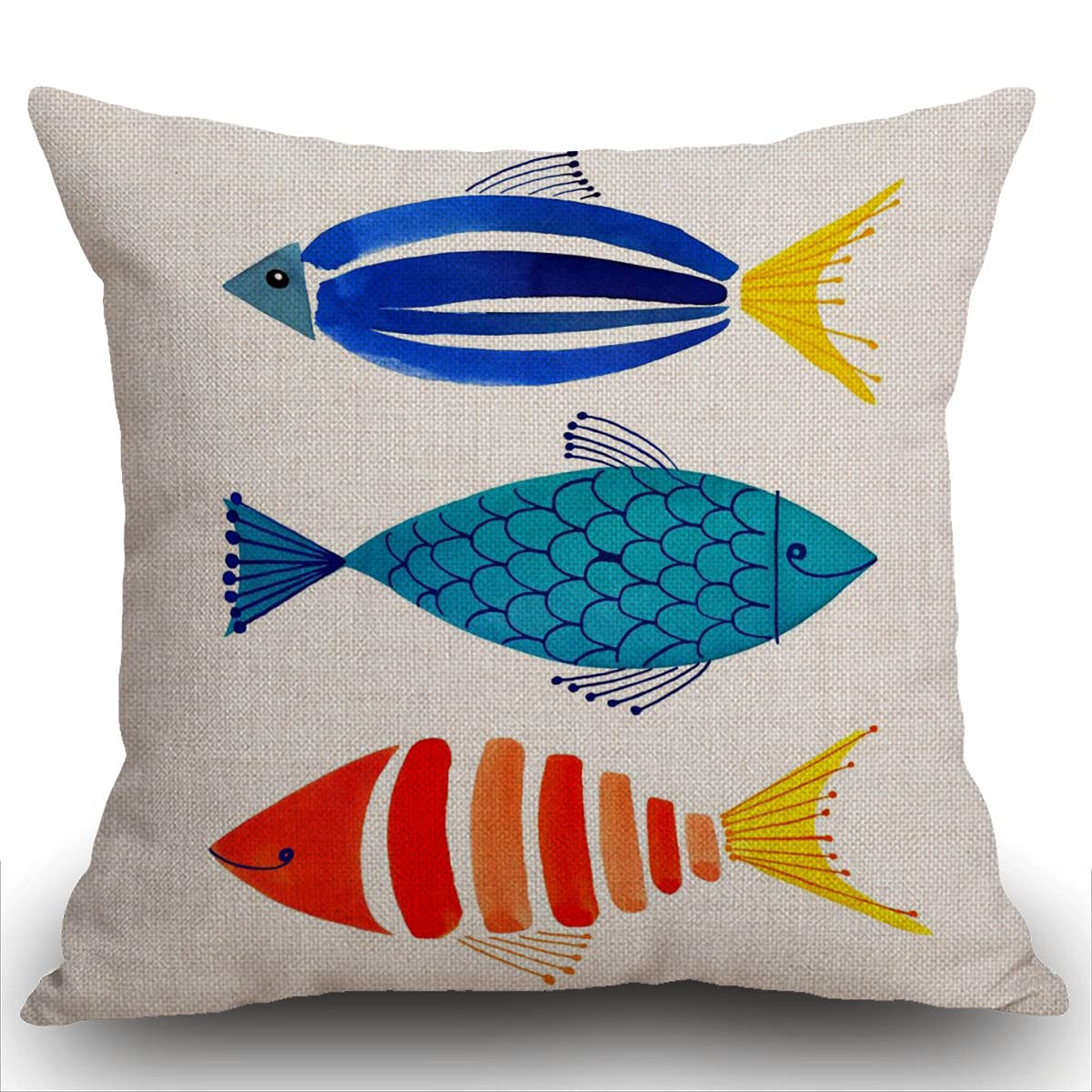 Smooffly Watercolor Fish Cushion Cover Linen Cotton Print Square ...