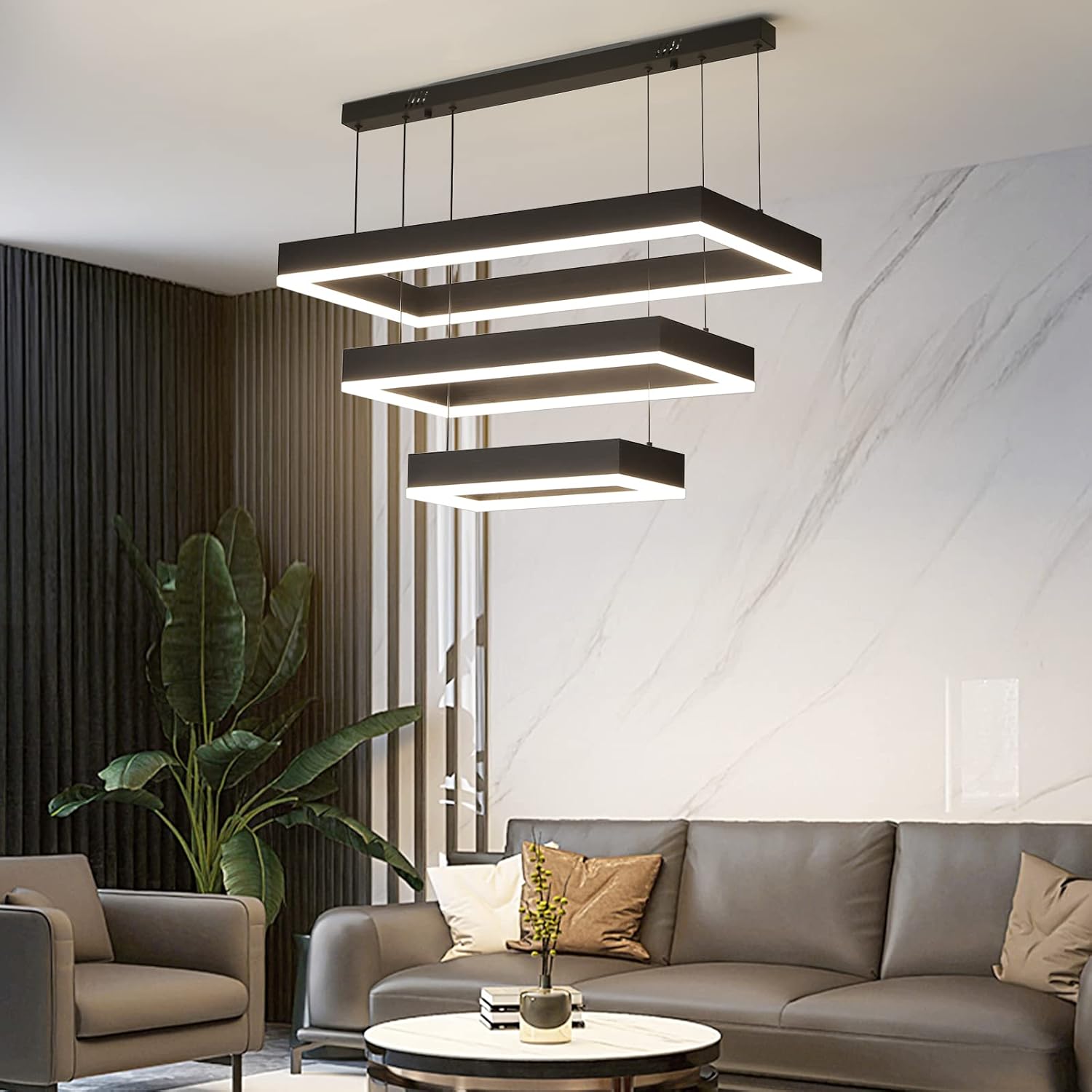 Modern Chandeliers for Living Dining Room, 3-Ring Rectangular LED ...