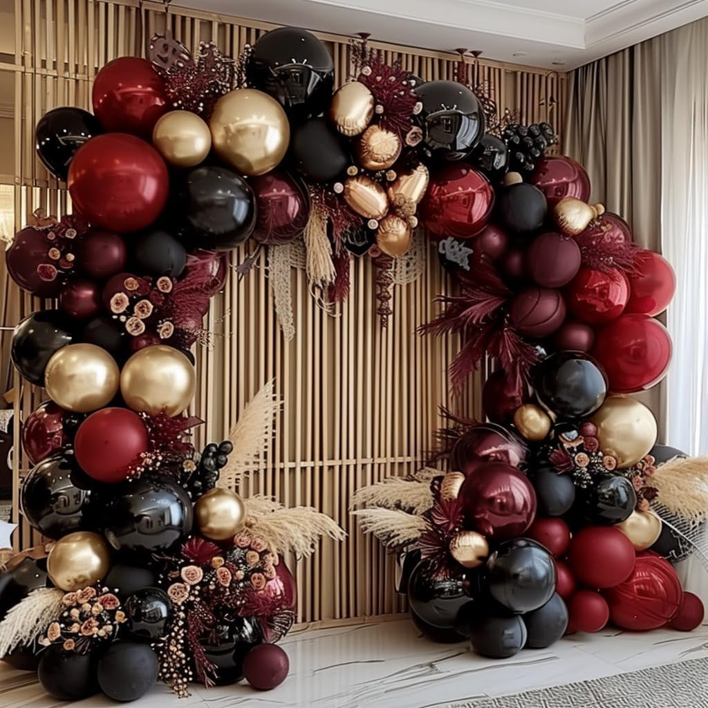 Amazon.com: Burgundy Black Gold Balloon Garland - Double Stuffed Dark ...