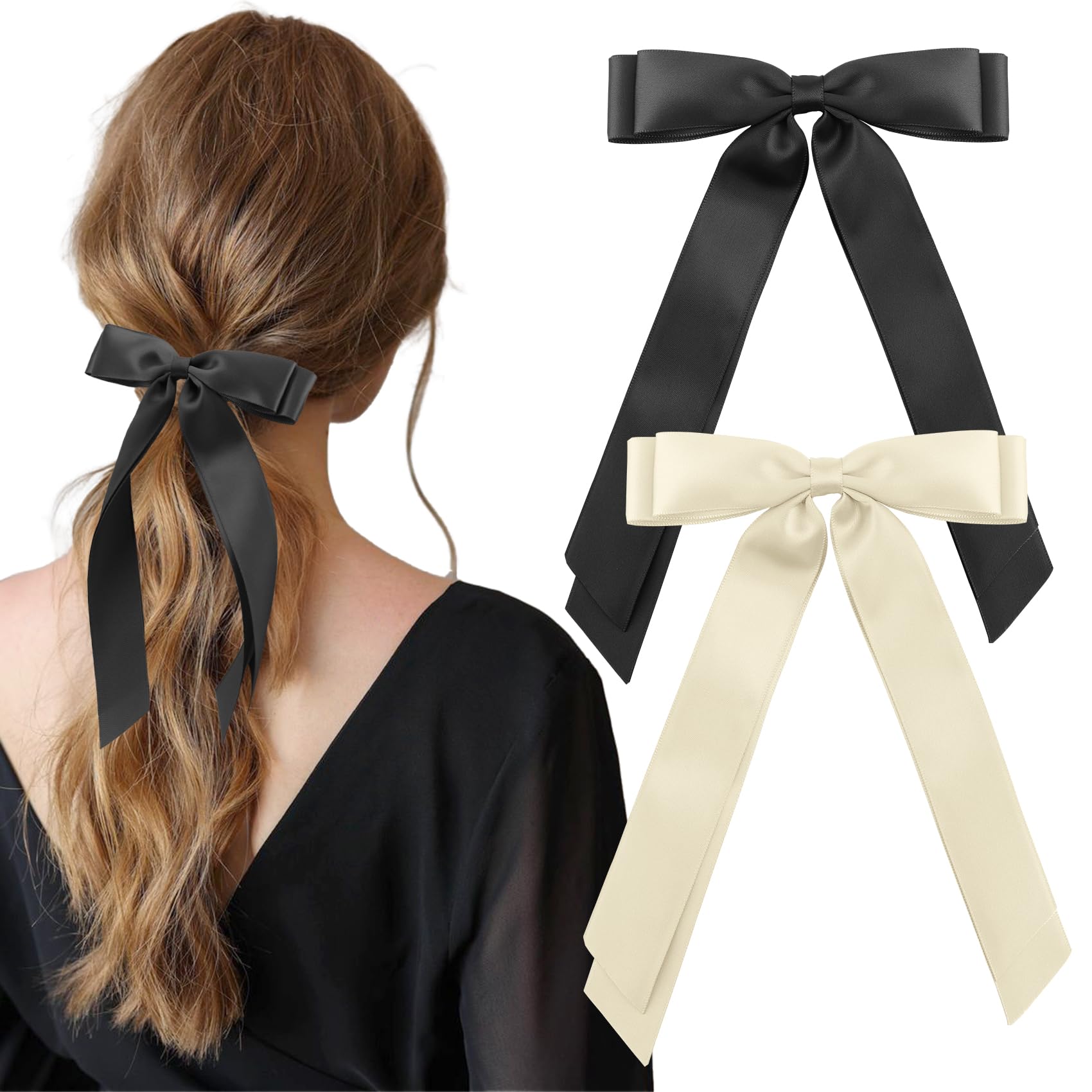 Amazon.com : Yetuab Silky Satin Bow Double Ribbon Hair Clips, 2 Count ...